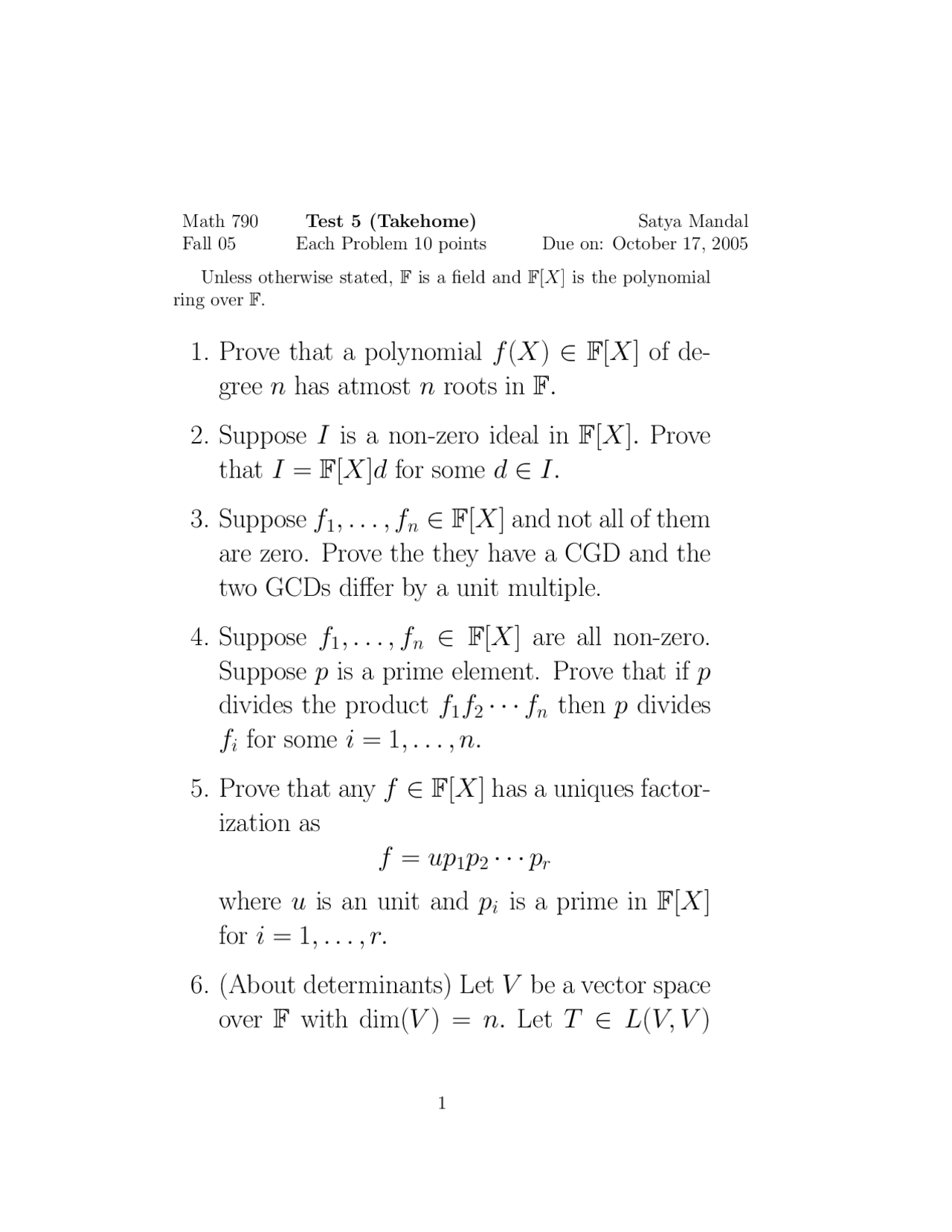 Linear Algebra Ii Test 5 Questions Math 790 Docsity