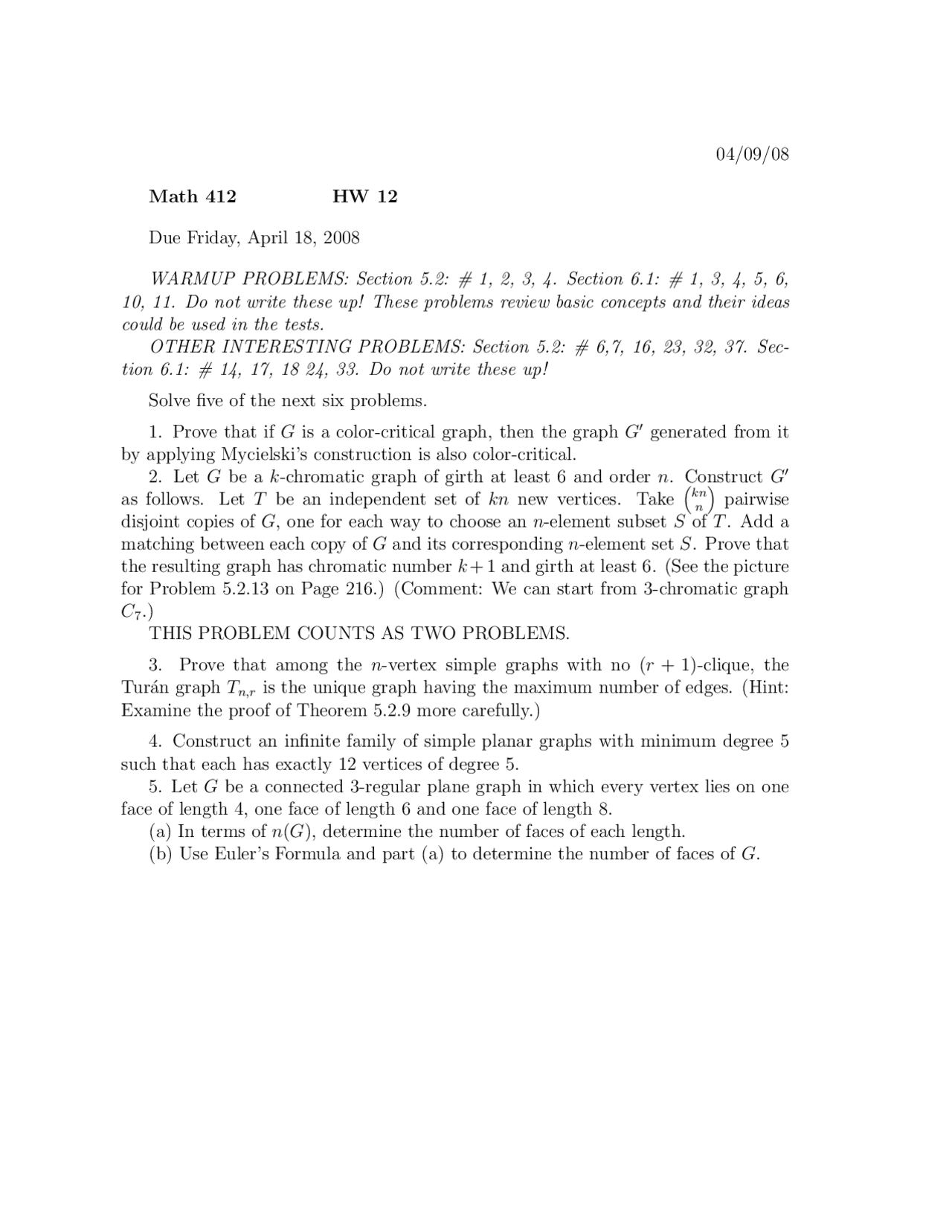 Homework 12 With 5 Questions Graph Theory Math 412 Docsity