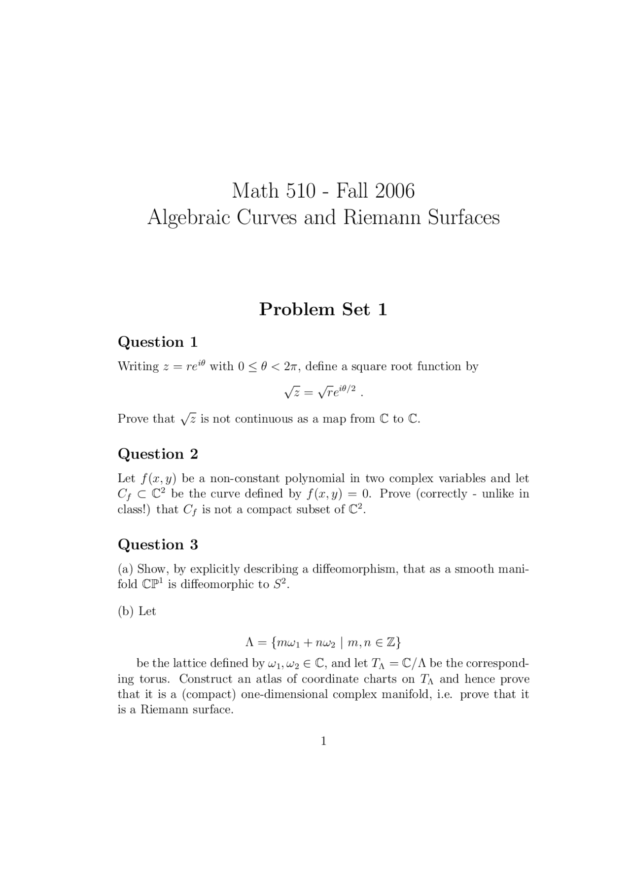 Problem Set 1 For Algebraic Curves And Riemann Surfaces Math 510