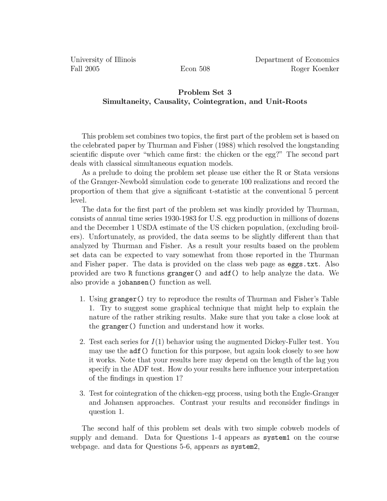 Simultaneity Causality Cointegration And Unit Roots Problem Set 3 Econ 508 Assignments