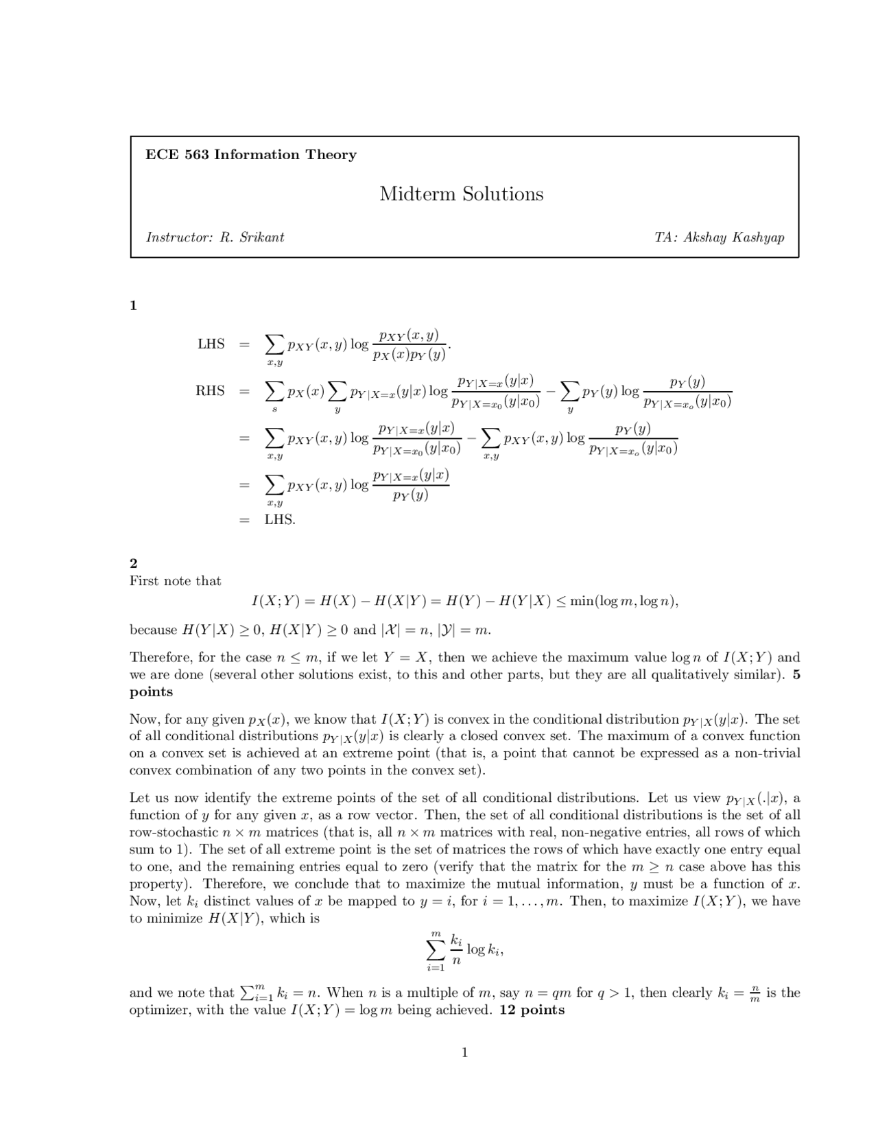 Midterm Solutions Information Theory Ece 563 Docsity