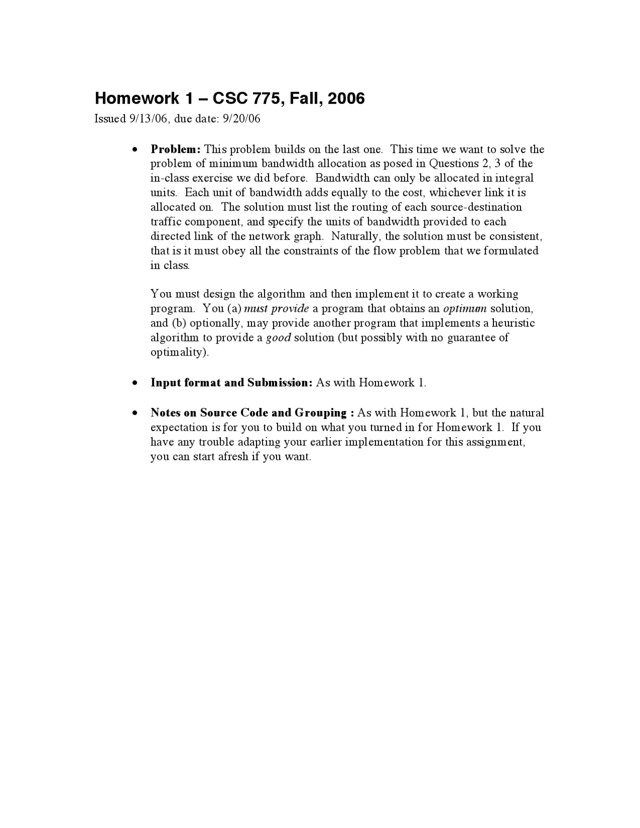 CSC 775 Homework 1: Minimum Bandwidth Allocation Algorithm | Assignments Computer Science | Docsity