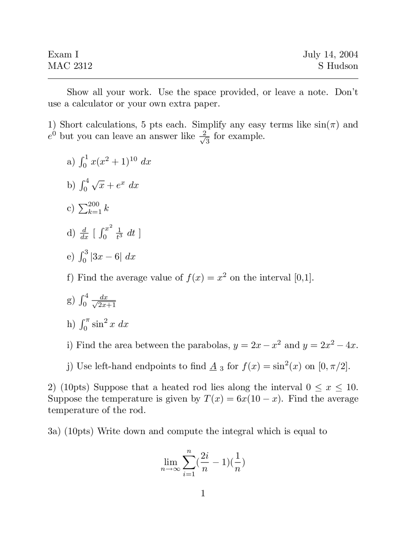 Exam 1 With Answer Key Calculus Ii 2004 Mac 2312 Docsity