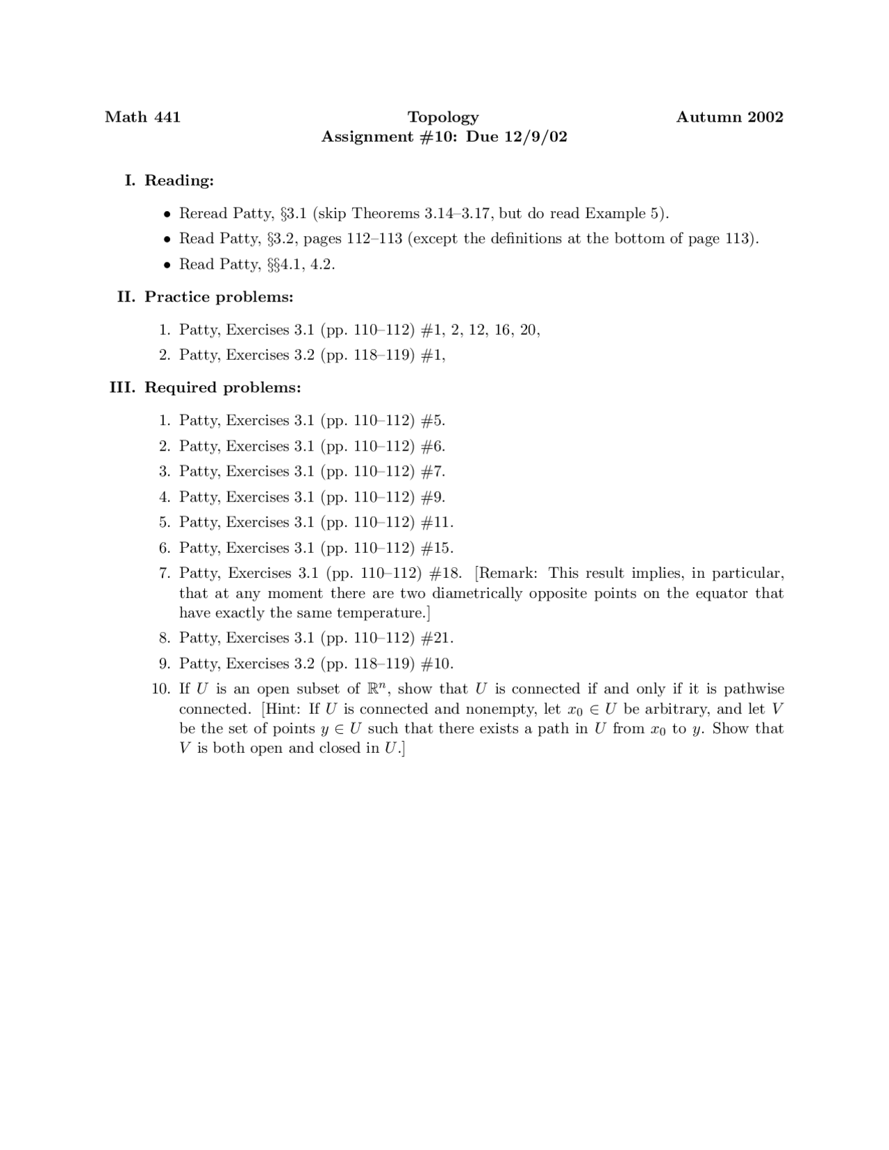 Assignment 10 Questions Topology Fall 2002 Math 441 Docsity