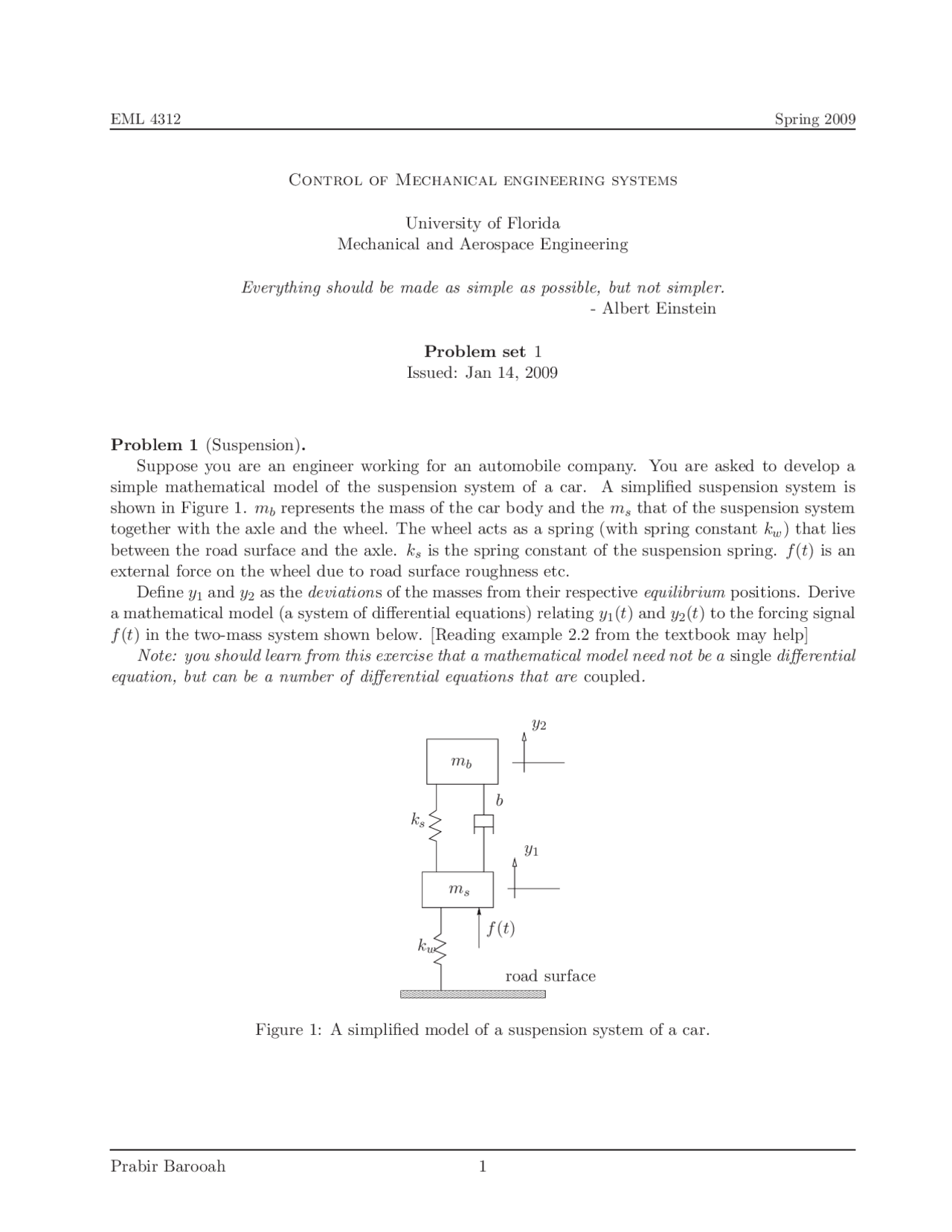 Problem Set 1 - Control of Mechanical Engineering Systems | EML 4312 - Docsity