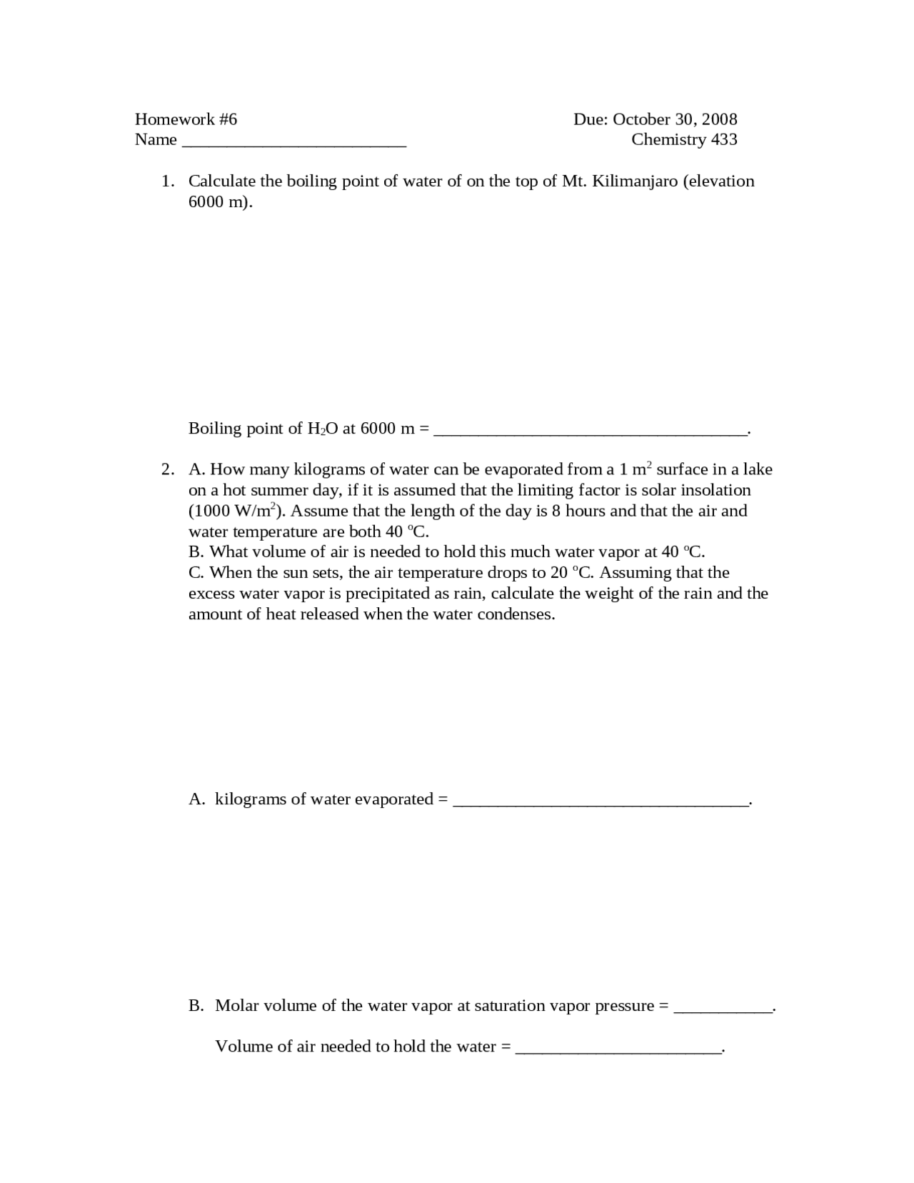 Questions For Homework 6 Physical Chemistry Ii Ch 433 Docsity