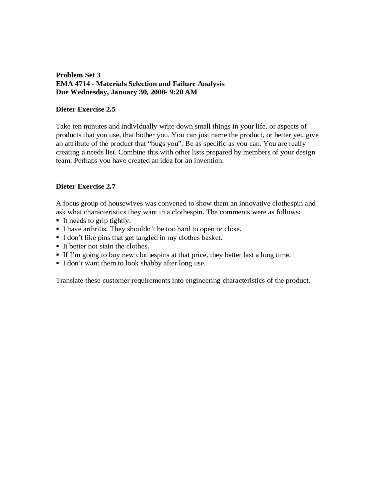 Materials Selection and Failure Analysis Problem Set 3 for EMA 4714 - Prof. John J,Jr Mech ...