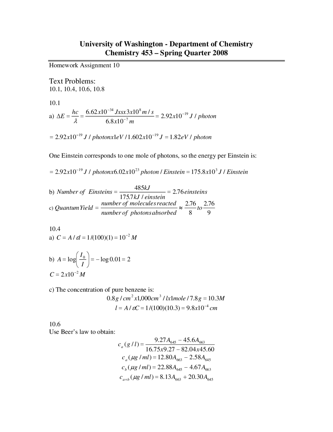 Solved Assignment 10 For Physical Chemistry Biochemistry Ii Chem 453