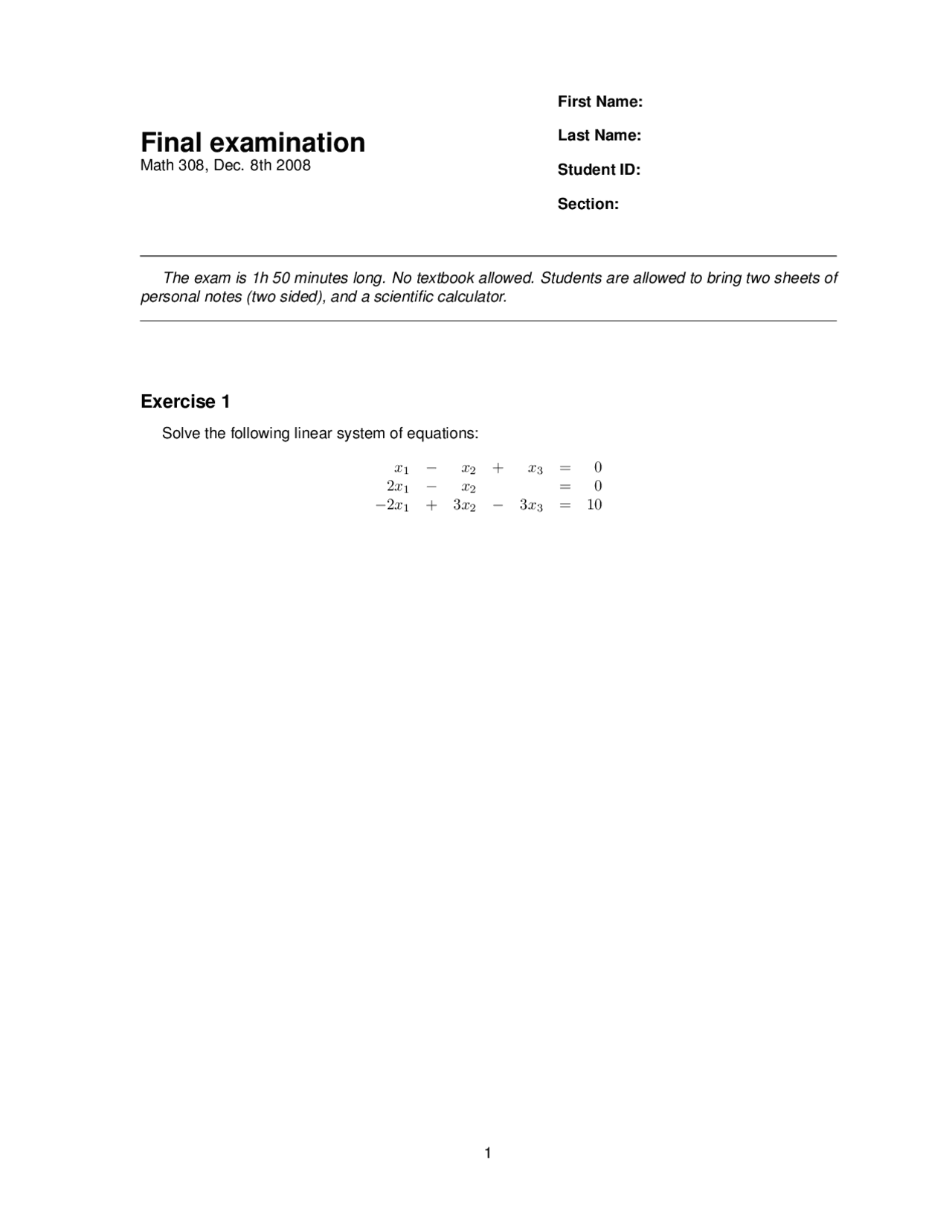 Final Exam Matrix Algebra Math 308 Docsity