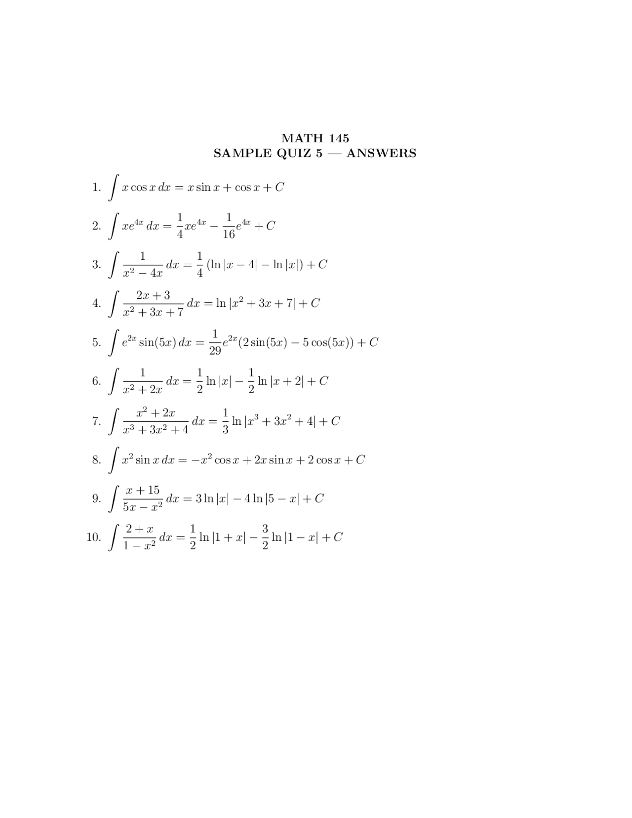 Sample Questions For Quiz 5 Life Science Calculus Math 145 Docsity