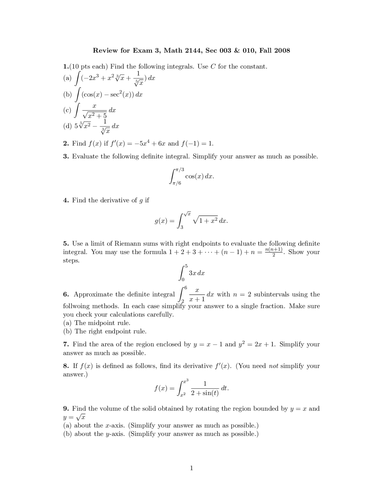 Review Sheet for Exam 3 - Calculus I | MATH 2144 - Docsity