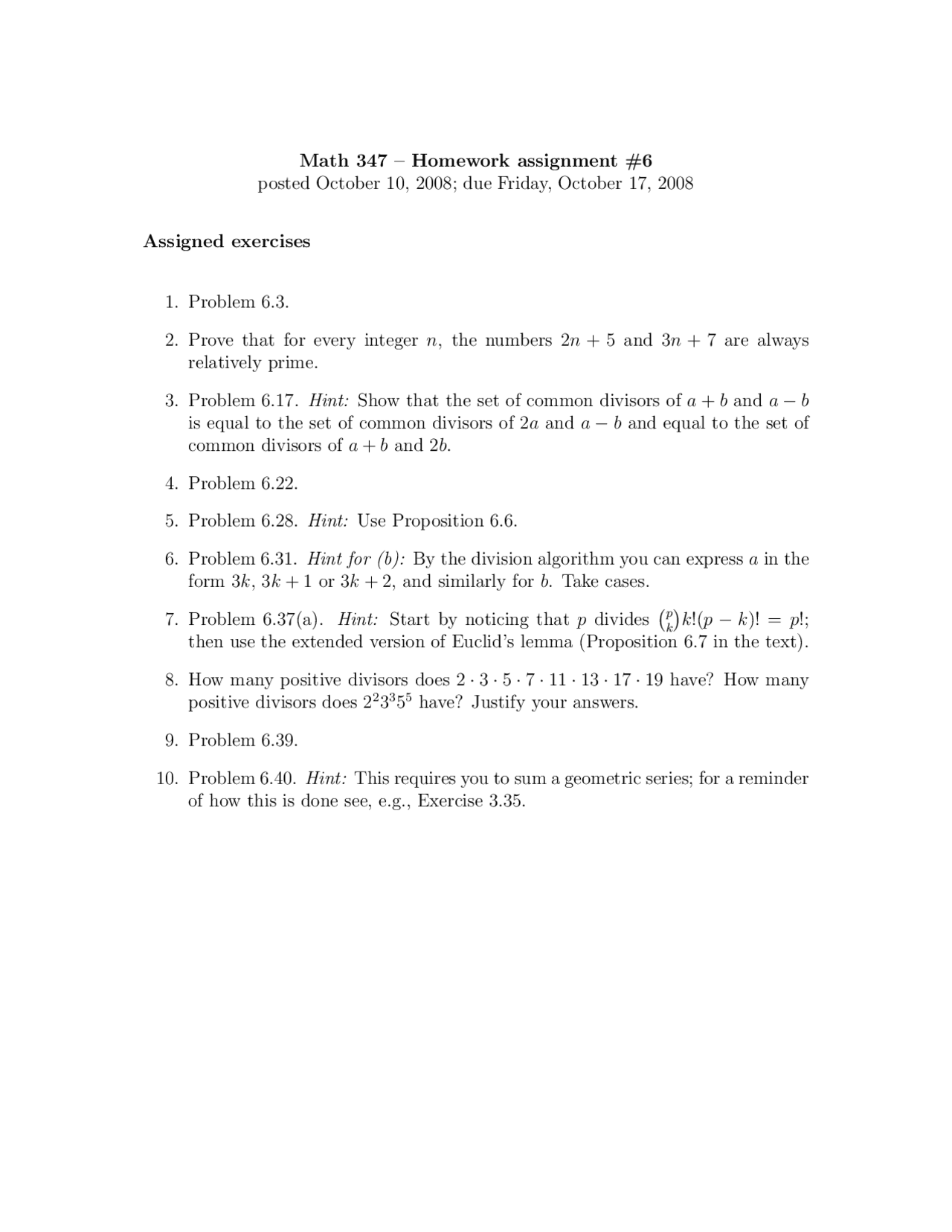 10 Problems For Homework 6 Fundamental Mathematics Math 347 Docsity