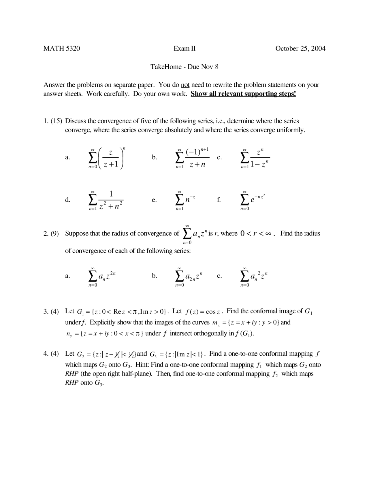 Functions of a Complex Variable I - Exam II | MATH 5320 - Docsity