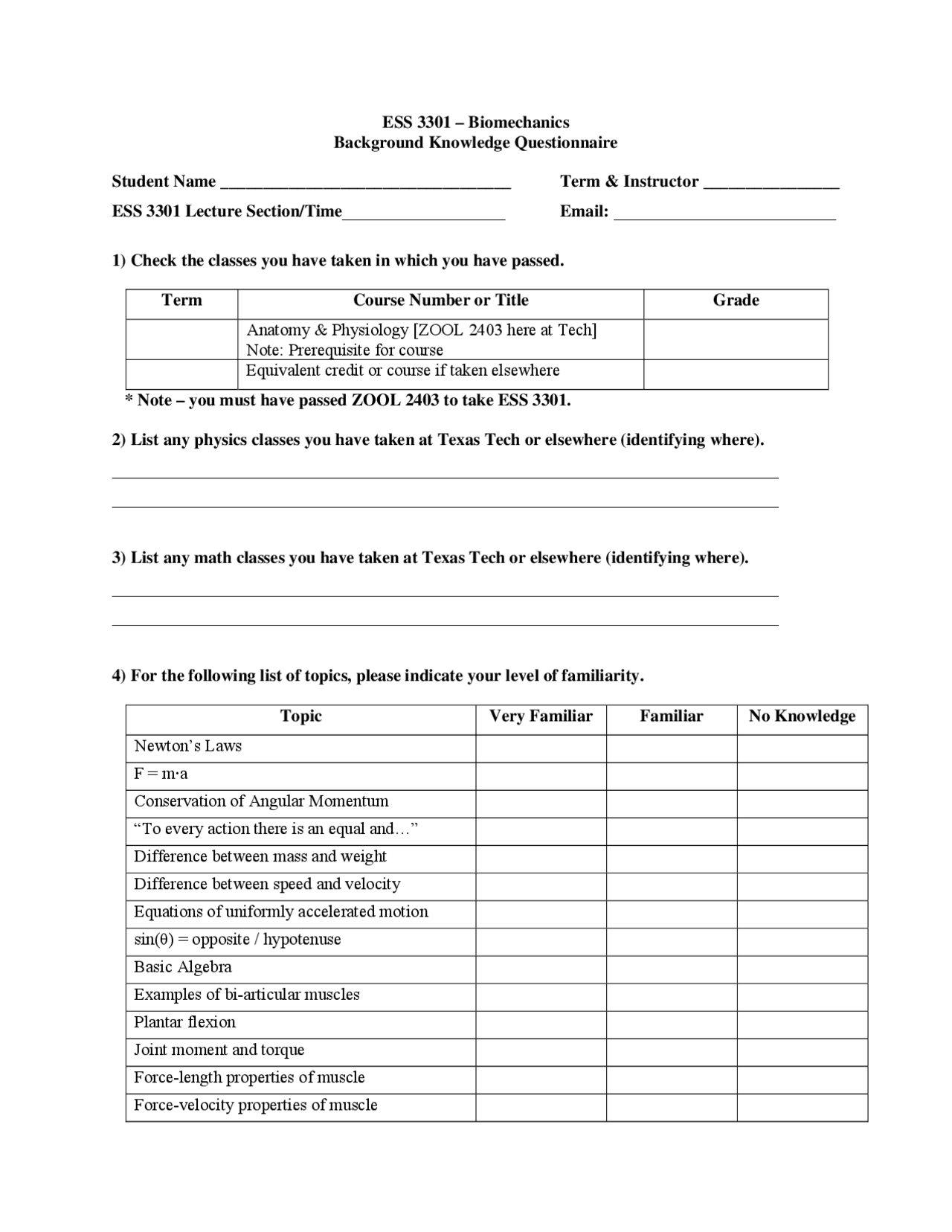 Biomechanics Background Knowledge Questionnaire | ESS 3301 - Docsity