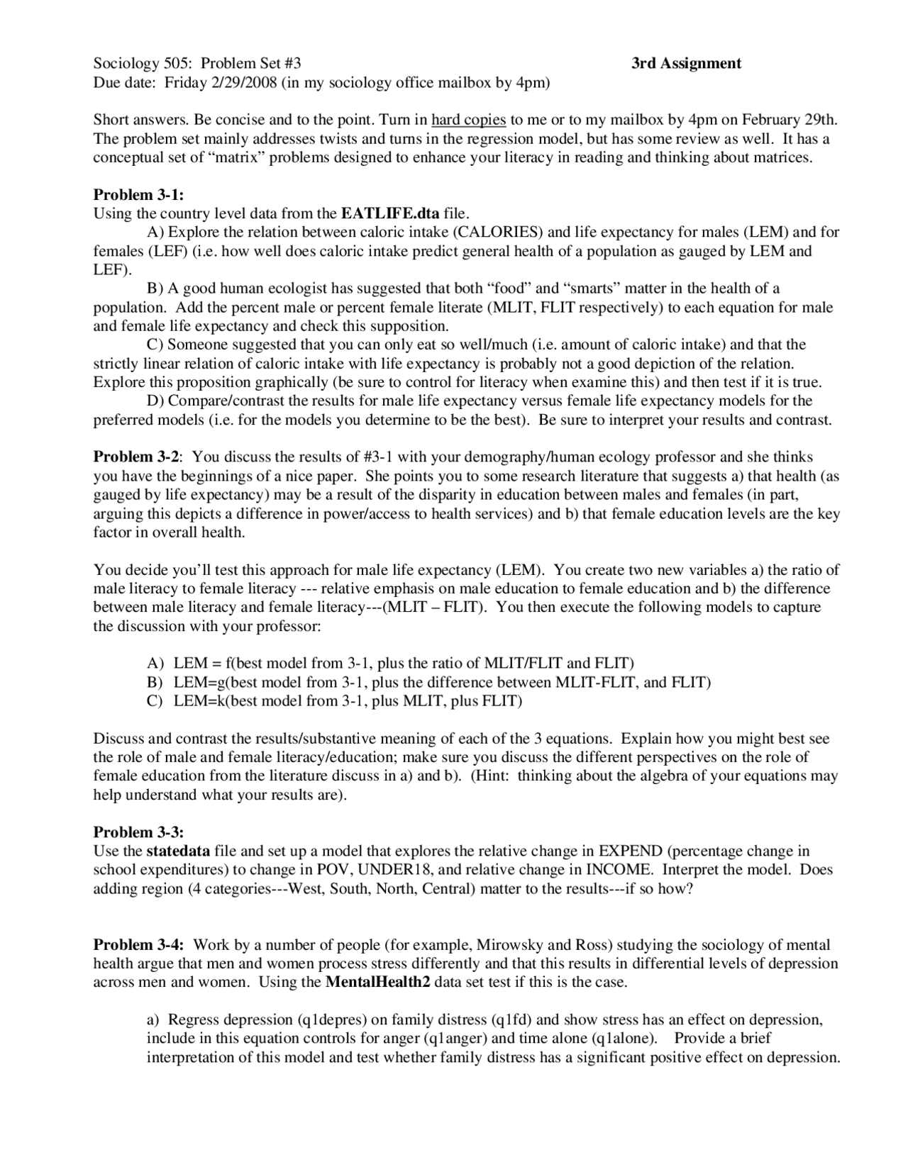 Problem Set 3 Social Statistics Soc 505 Docsity