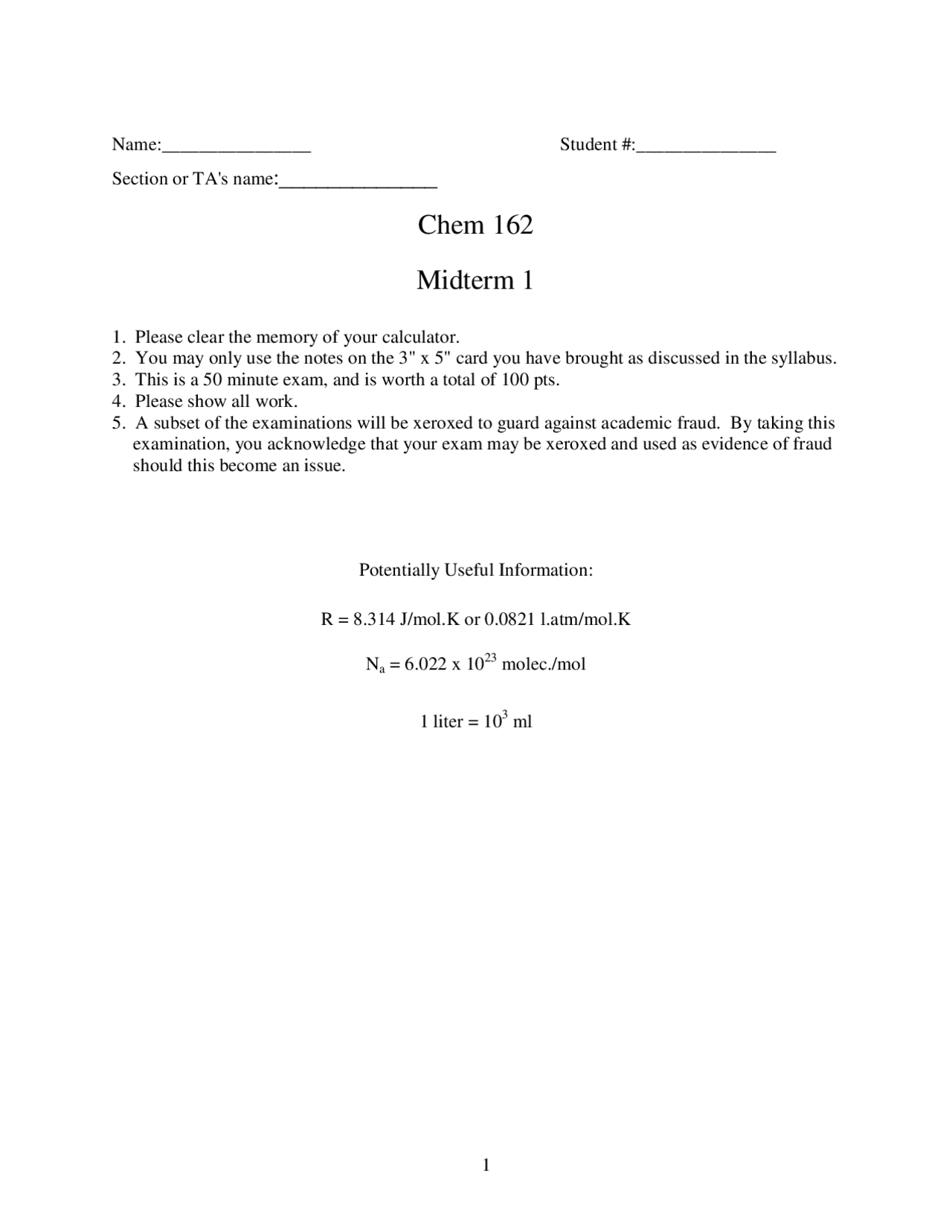 Midterm Exam 1 Questions - General Chemistry | CHEM 162 - Docsity