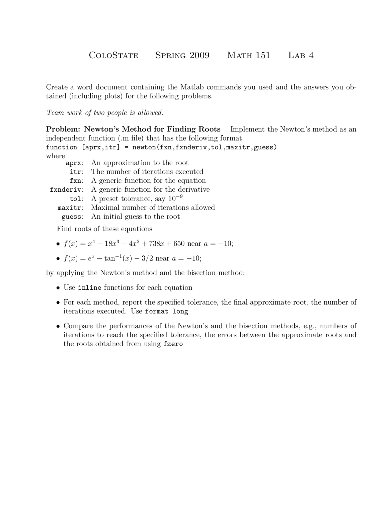 Mathematical Algorithms in MATLAB I - Lab 4 | MATH 151 - Docsity