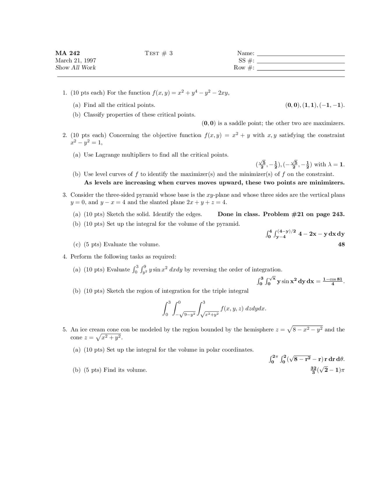 MA 242 Test #3: Calculus Problem Solutions | Exams Advanced Calculus ...
