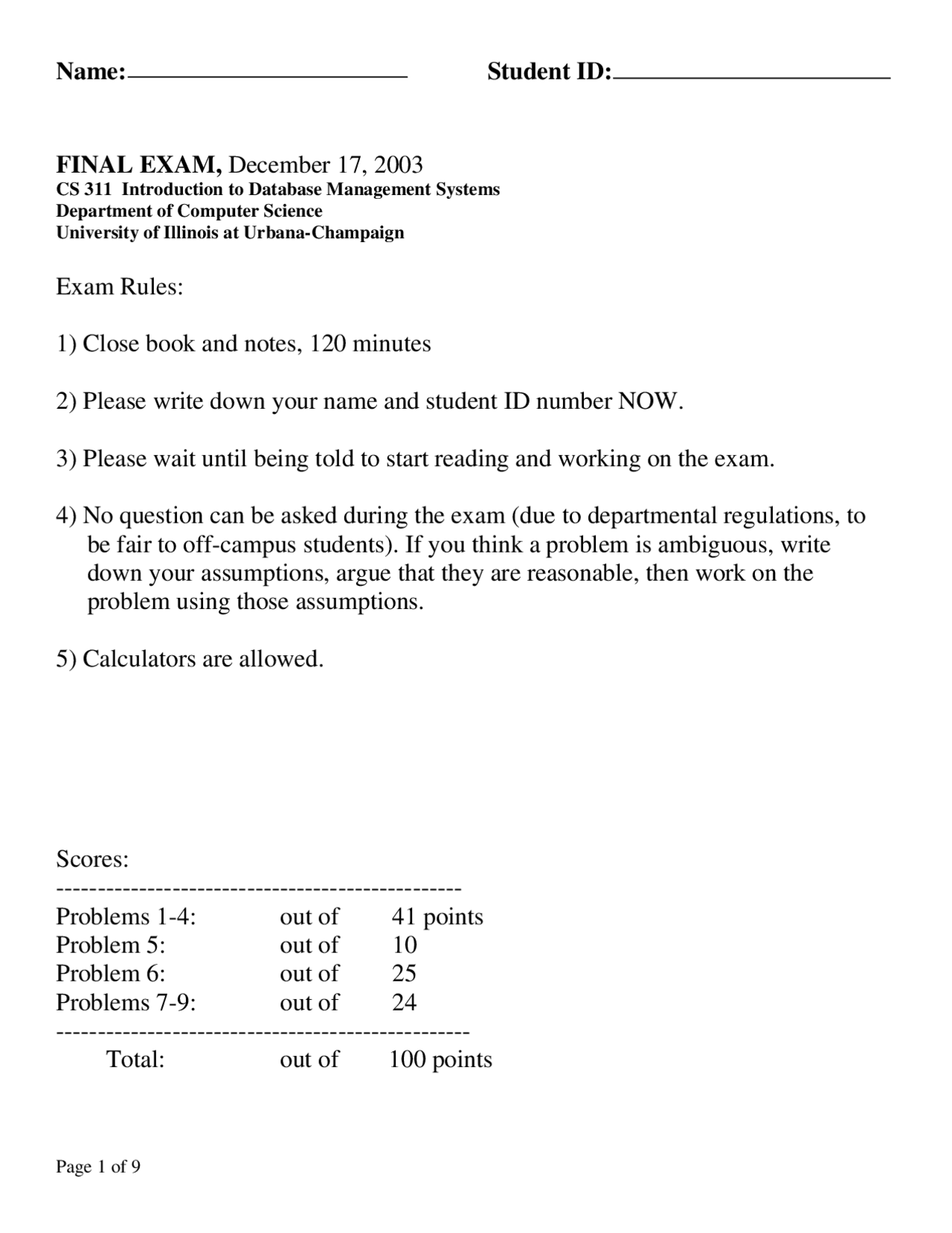 Introduction To Database Management Systems Final Examination Cs