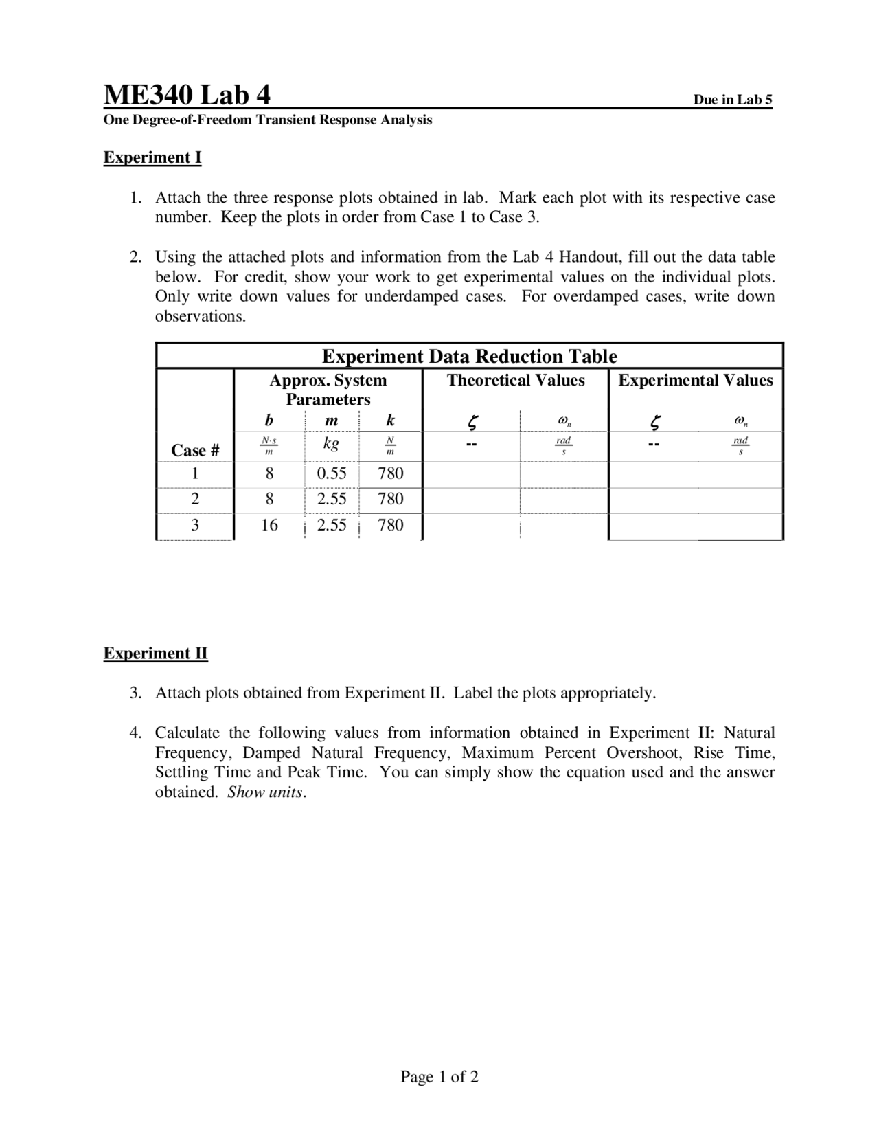 Dynamics of Mechanical Systems - Lab 4 Experiments | ME 340 - Docsity
