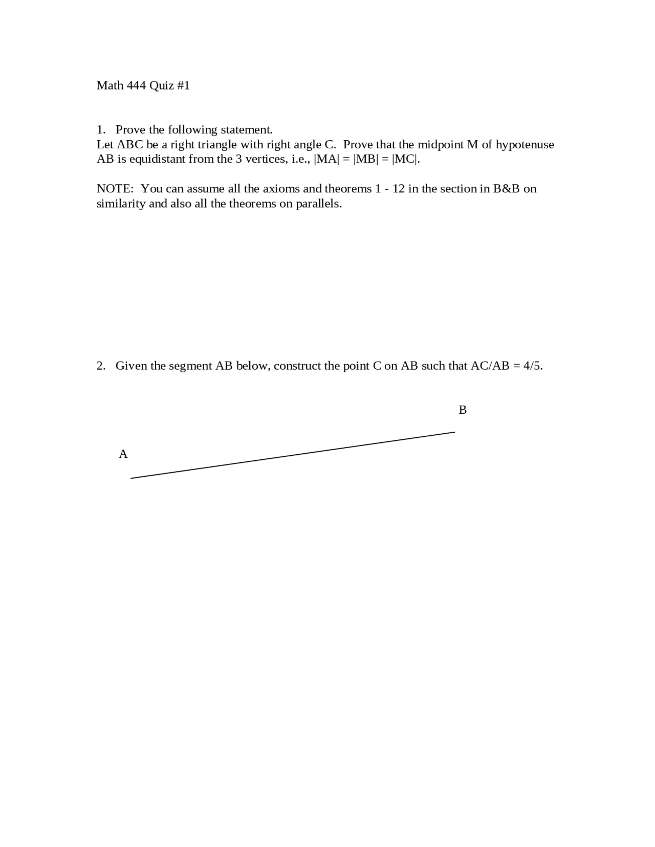 Quiz 1 Practice Questions Geometry For Teachers Math 444 Docsity