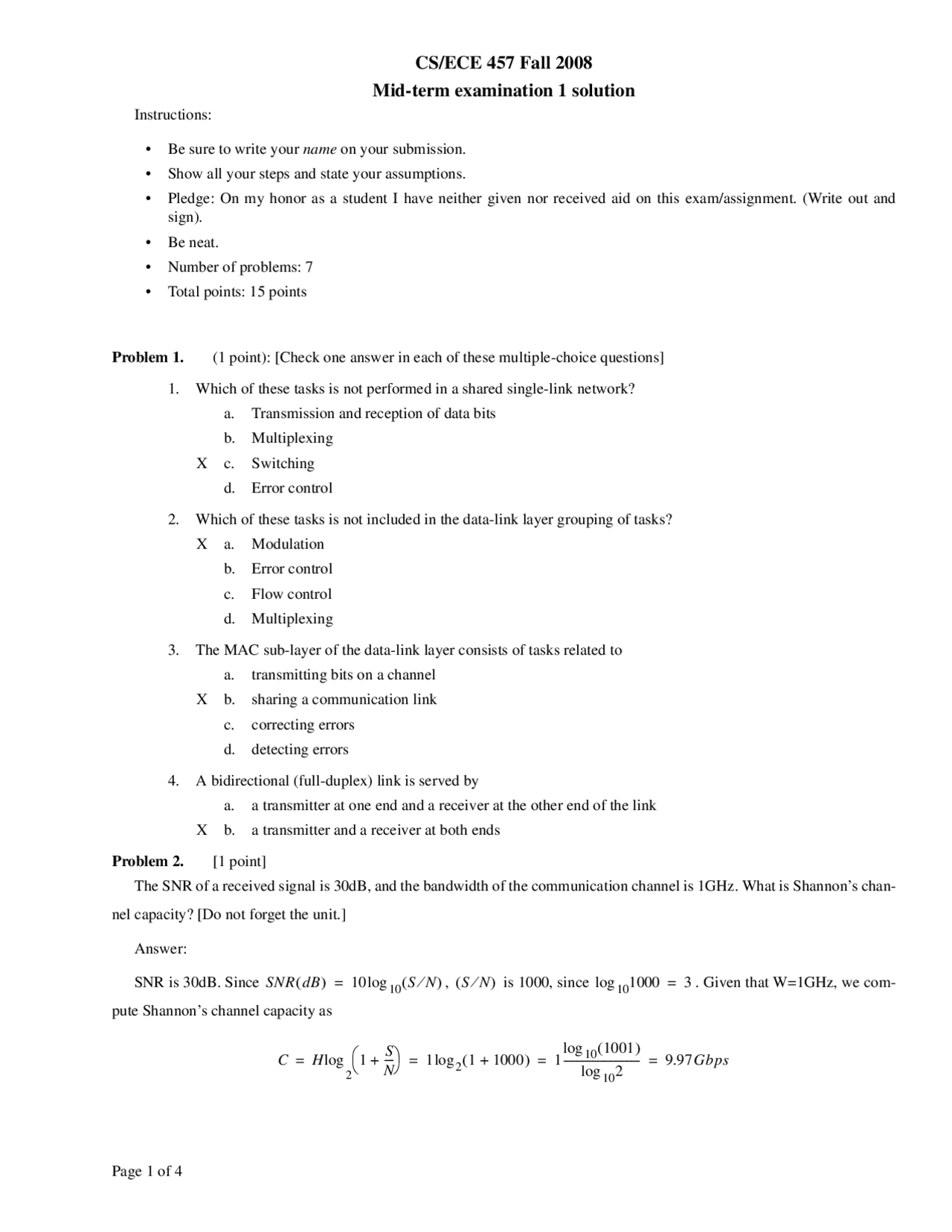 Midterm Exam 1 With Solutions Computer Networks Ece 4457 Exams