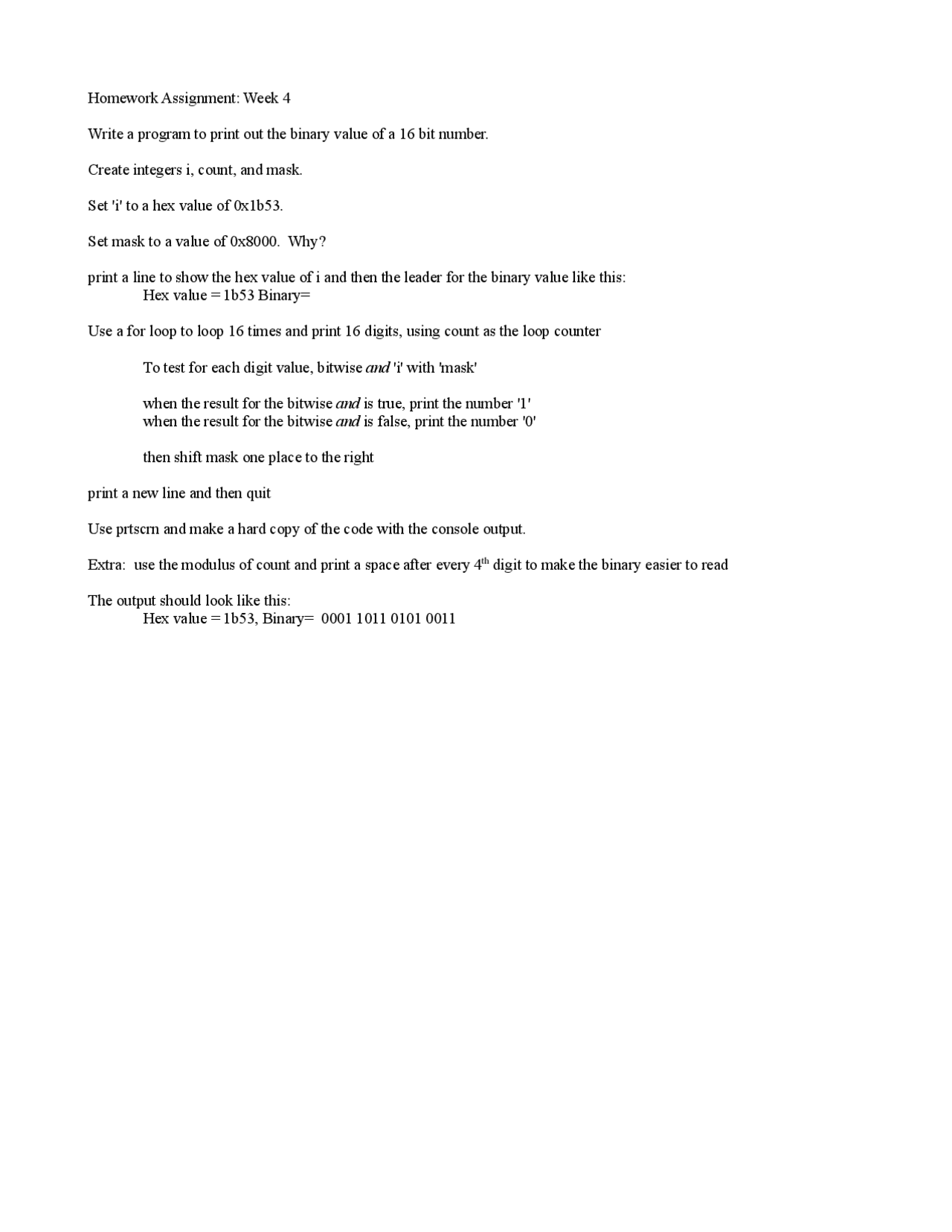 Binary Value of 16 Bits - Homework - Engineering Software Technology | EEL 2880 - Docsity