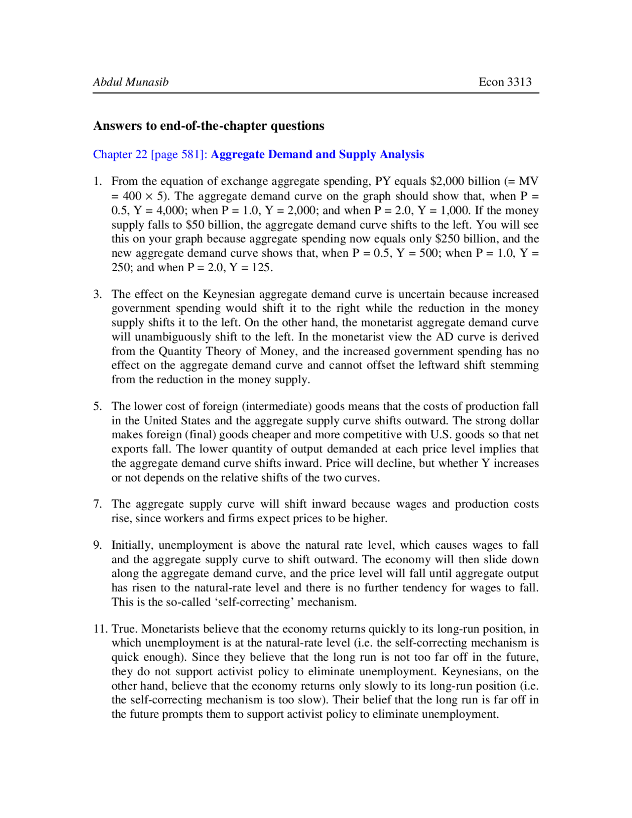 Aggregate Demand And Supply Analysis Assignment Econ 3313 Docsity