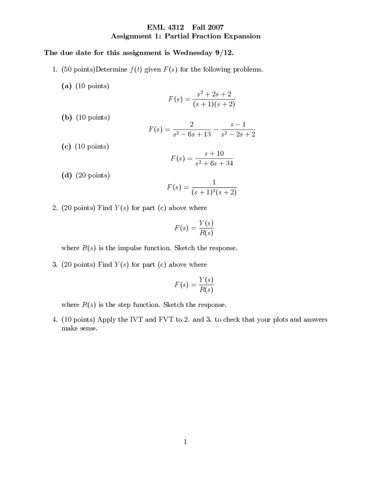 4 Problems On Partial Fractions Expansion Assignment 1 Eml 4312