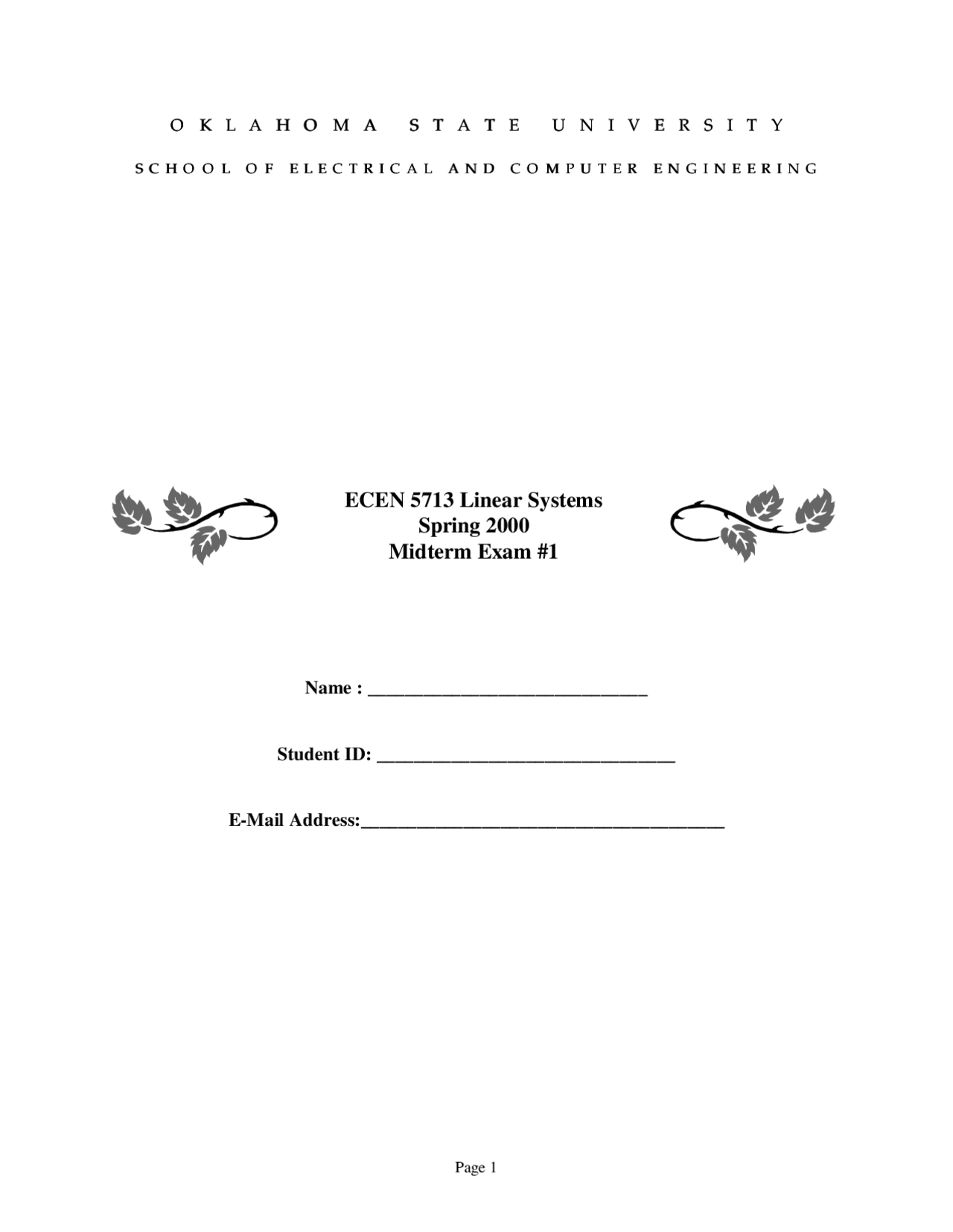 Midterm Exam 1 Problems Linear Systems Ecen 5713 Docsity