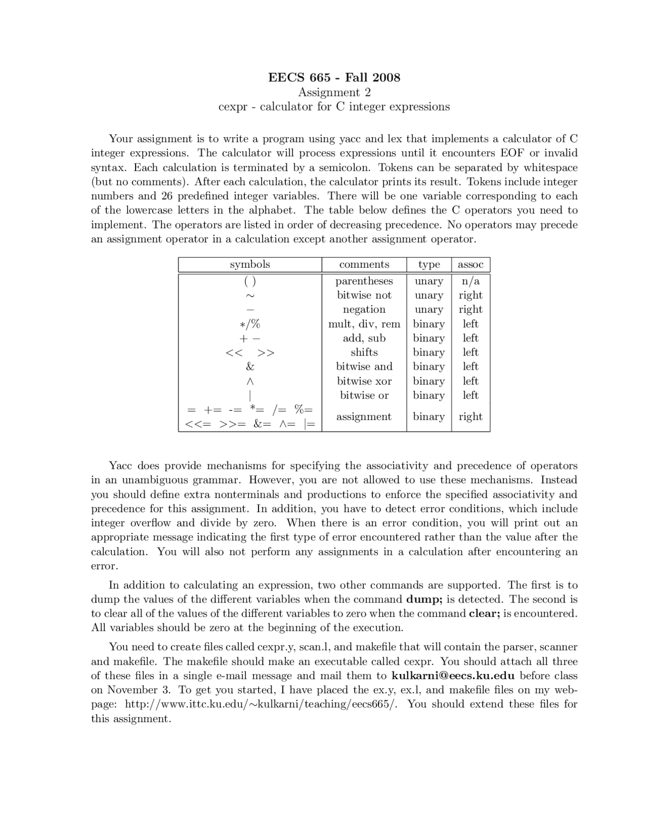 Assignment Ii For Compiler Construction Eecs 665 Docsity