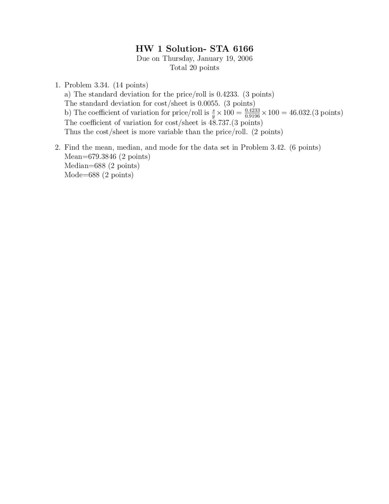 Homework 1 with Solutions for Statistics Method Research I | STA 6166 ...