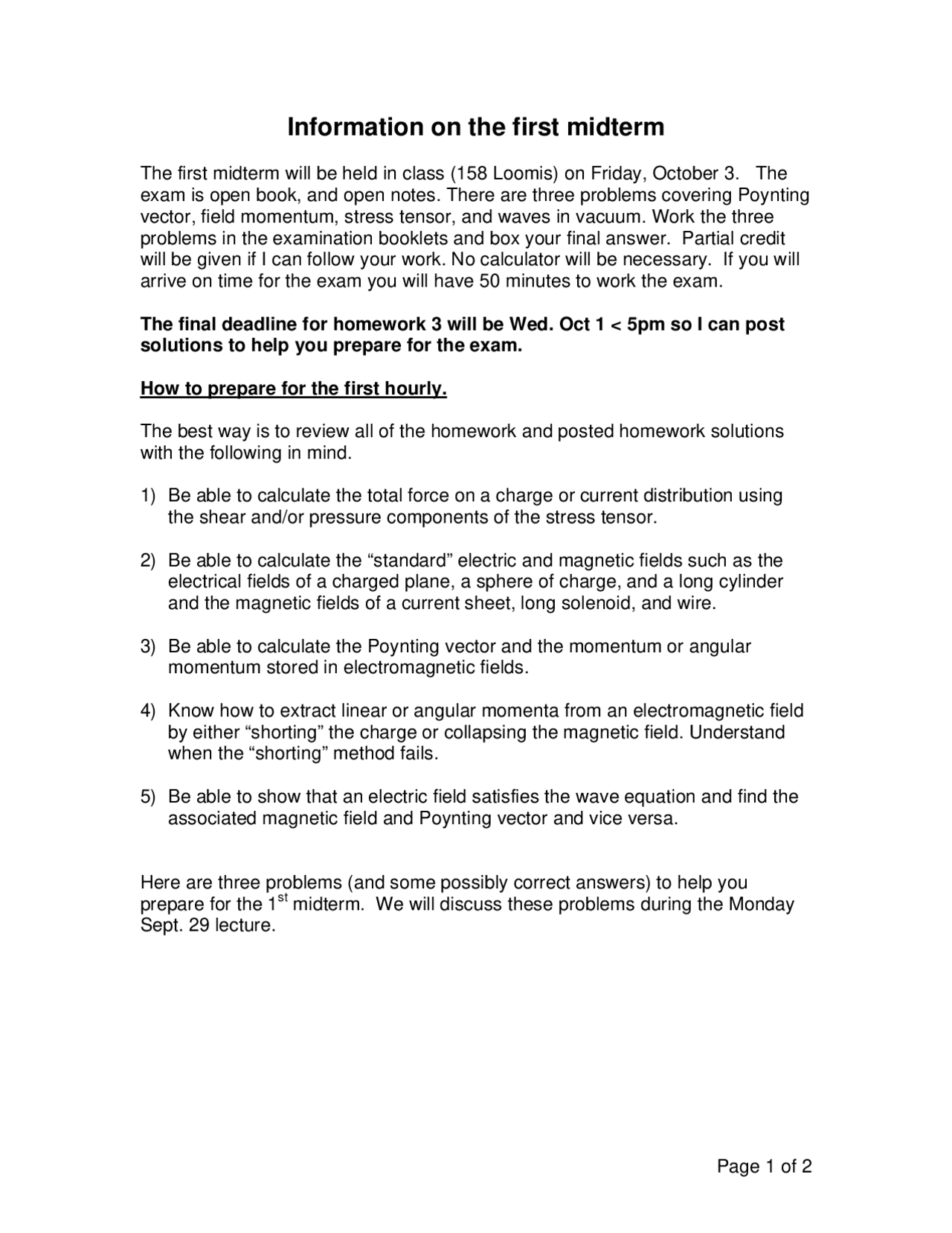 Information On Midterm 1 Electromagnetic Fields Ii Phys 436 Docsity