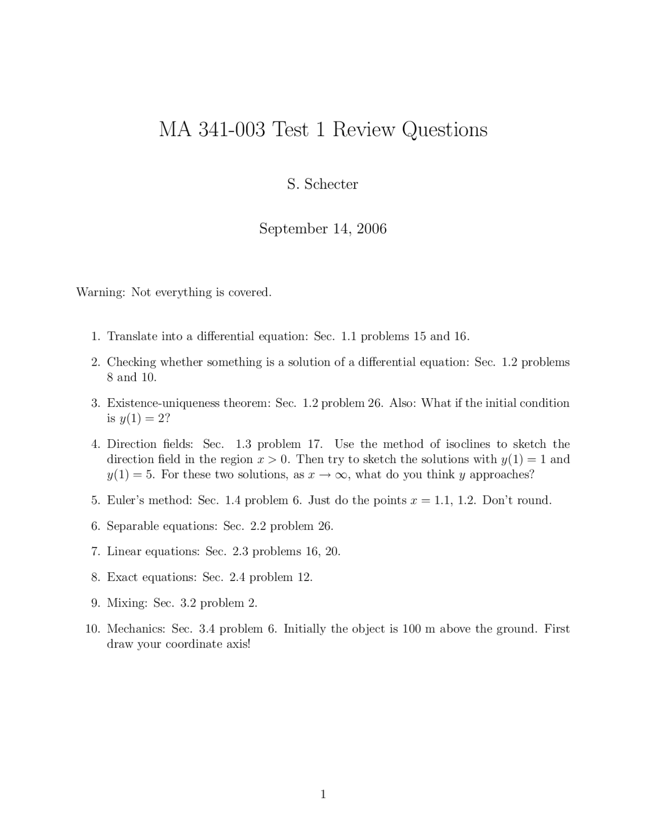 Test 1 Review Questions For Applied Differential Equations I Ma 341
