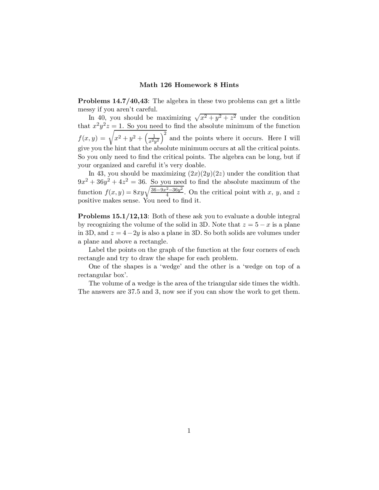 Homework 8 Hints Calculus Analytic Geometry Iii Math 126 Docsity