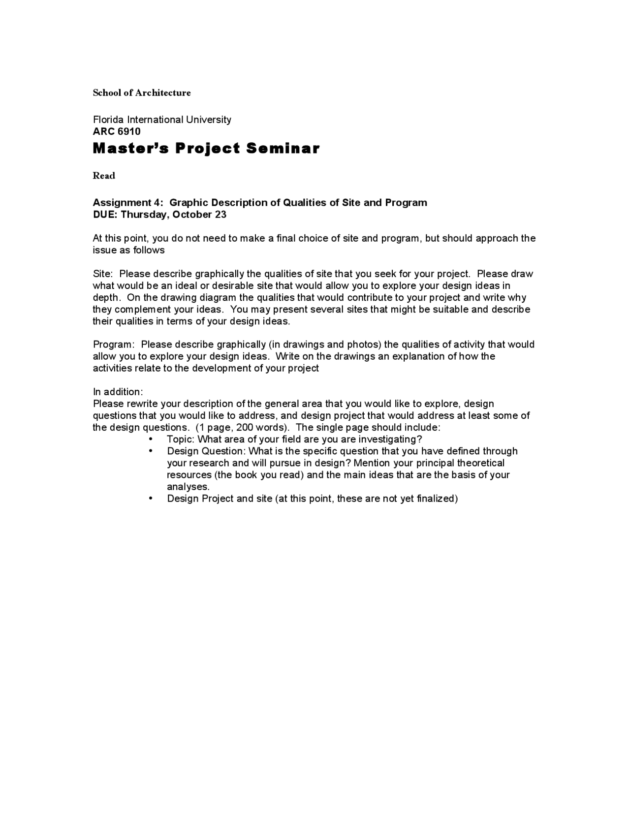 Master's Project Seminar Assignment 4: Graphic Description of Site and ...