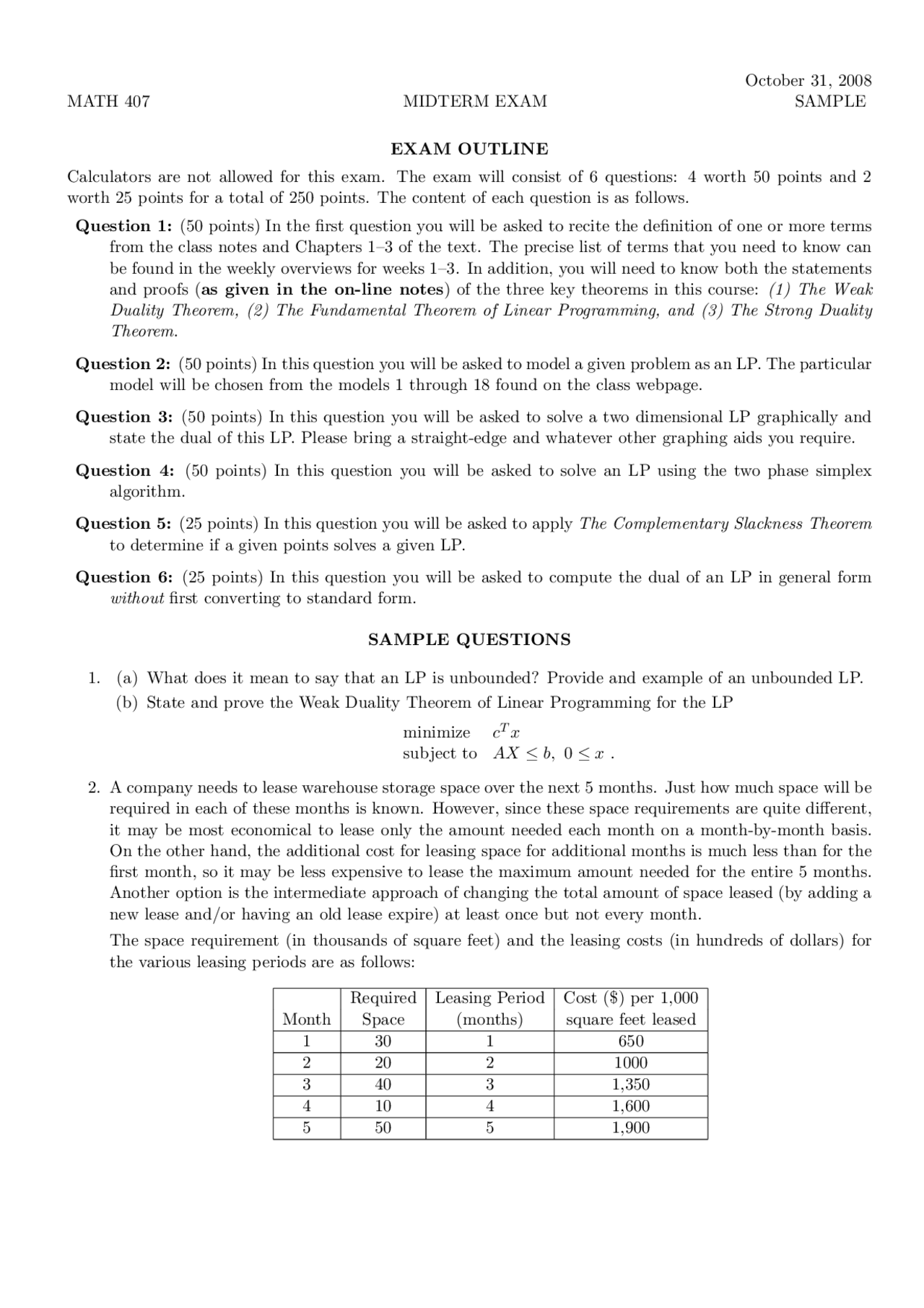 Outline For Midterm Exam Linear Optimization Math 407 Docsity