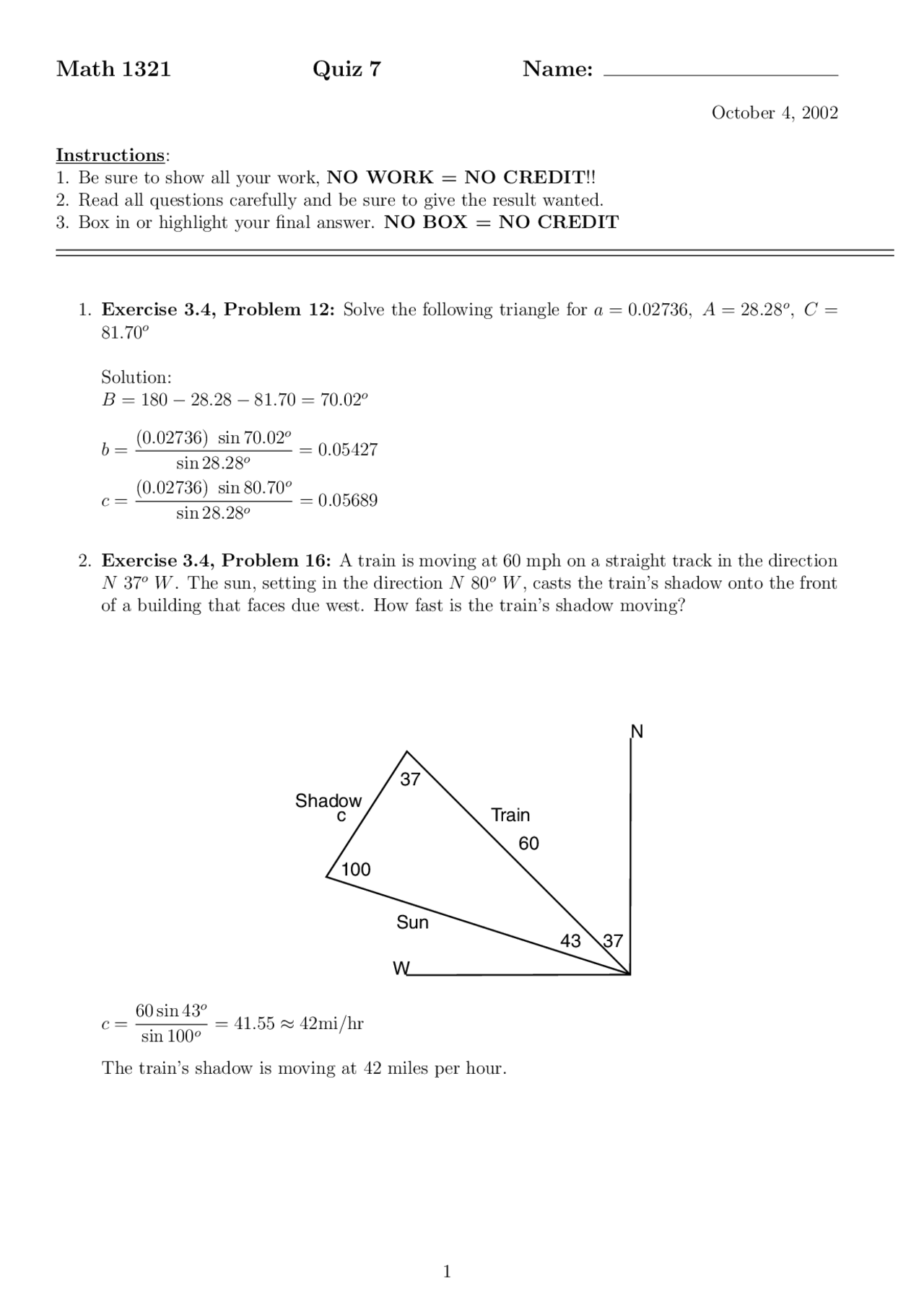 Solve Triangle Problem Solved Quiz Trigonometry Math 1321 Docsity