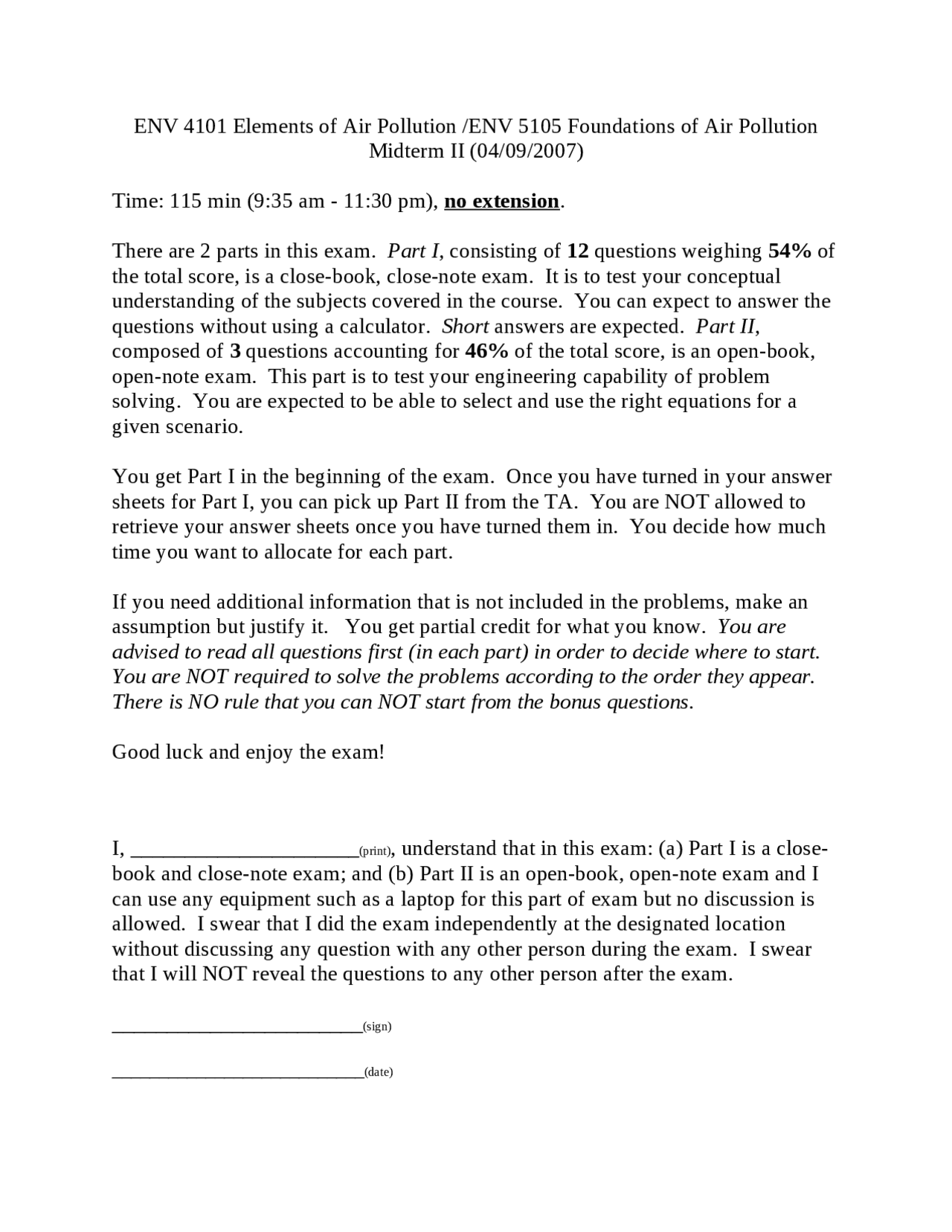 Midterm Exam Ii Questions Elements Of Atmospheric Pollution Env