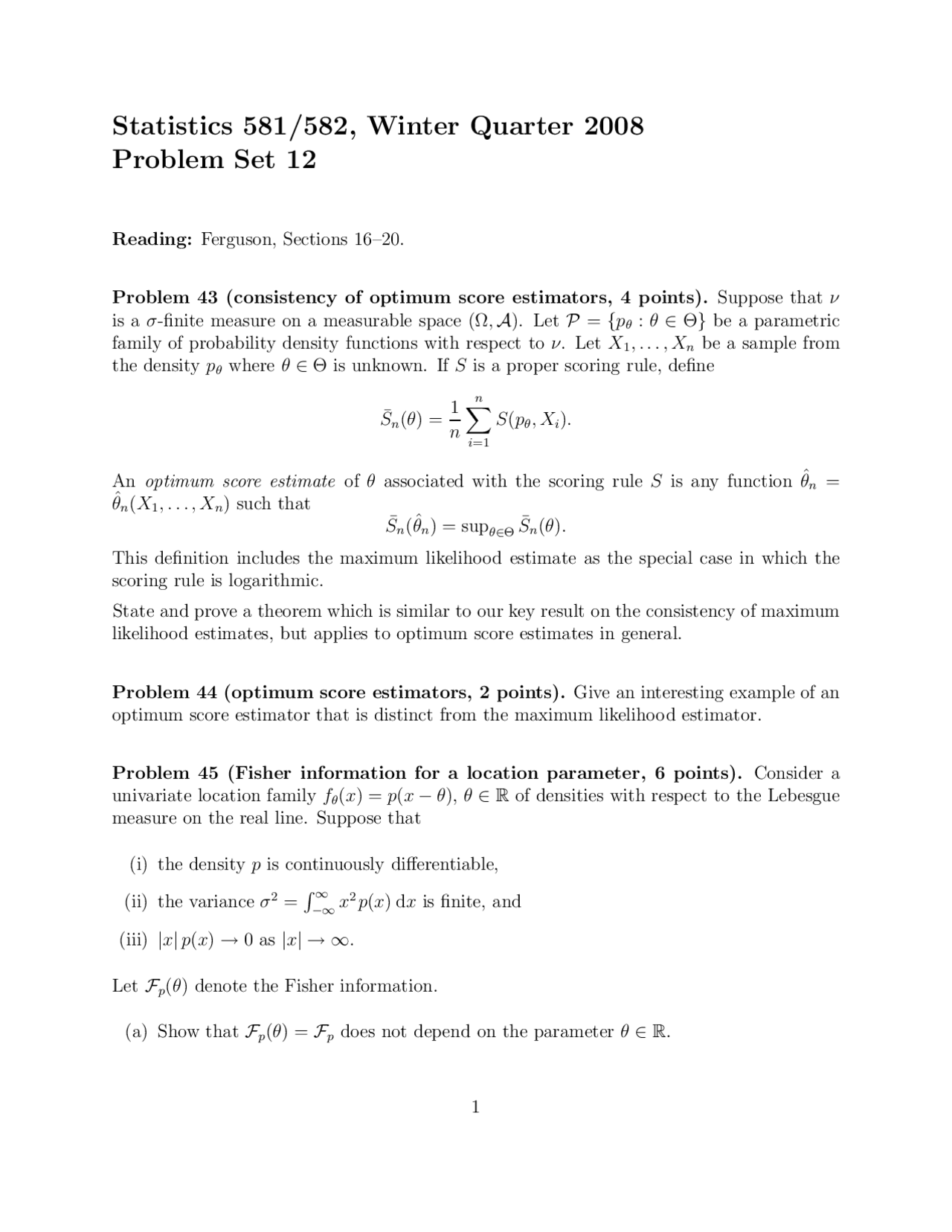 4 Problems On Consistency Of Optimum Scores Estimates Assignment 12 Stat 581 Docsity
