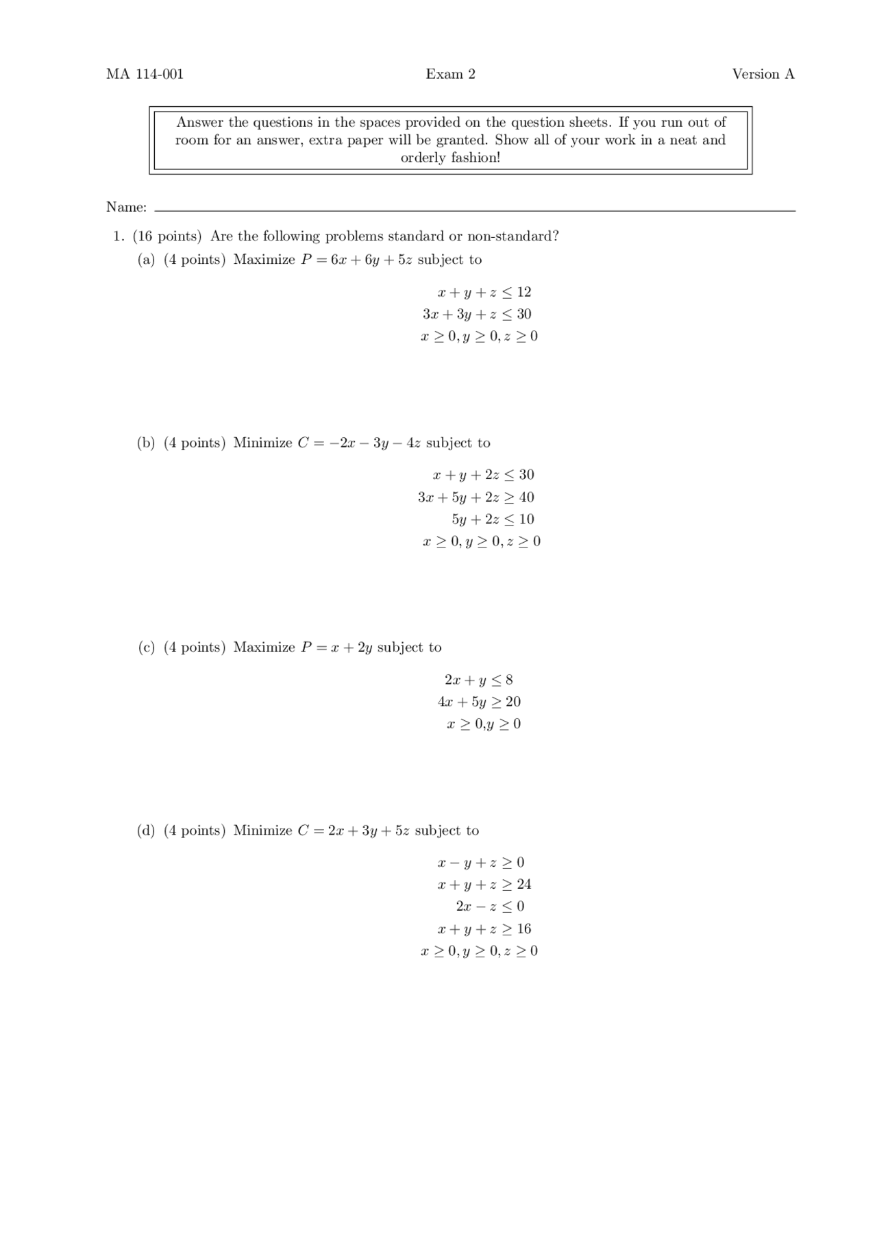 Exam 2 Questions Introduction To Finite Mathematics With Applications