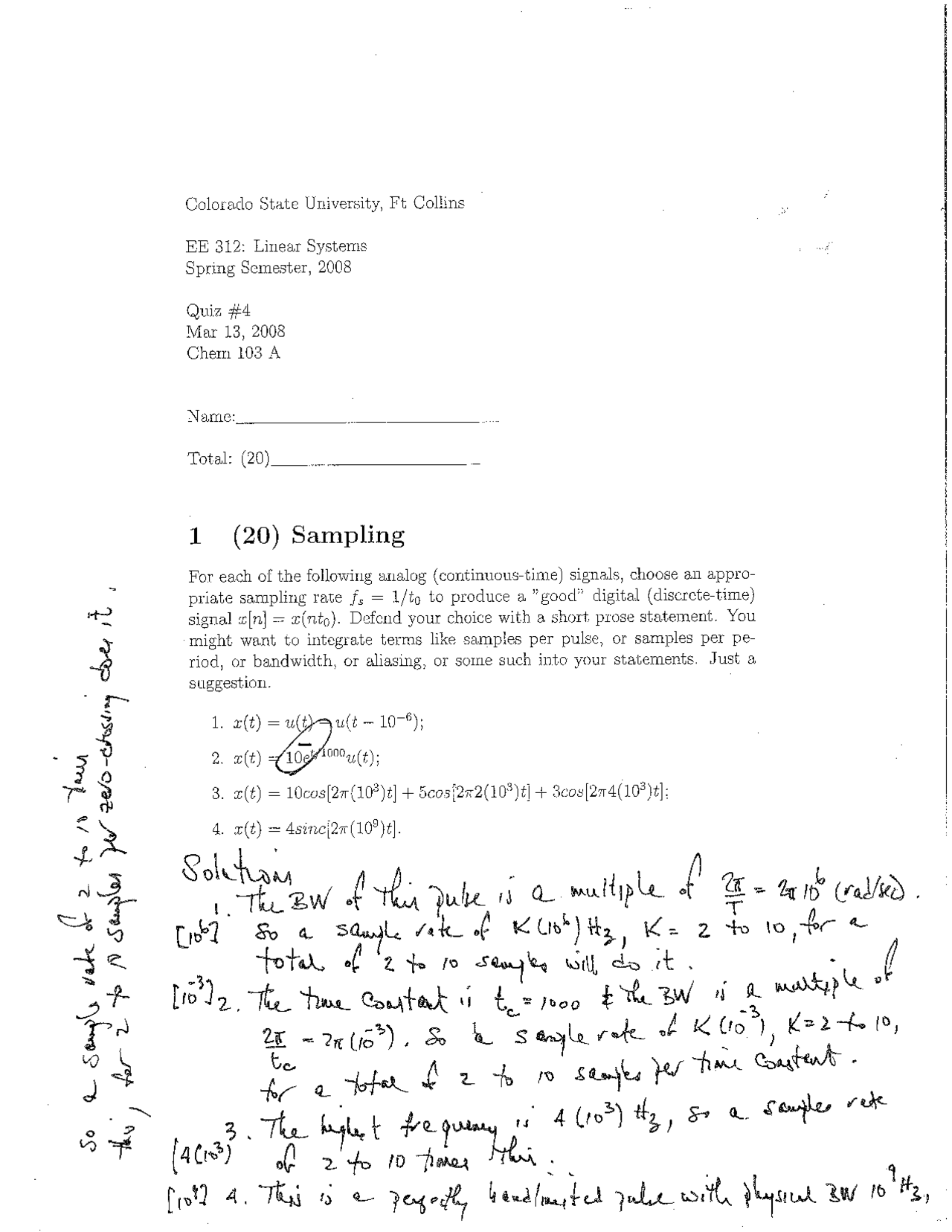 4 Solved Problems On Sampling Of Linear System Quiz 4 Ece 312 Docsity