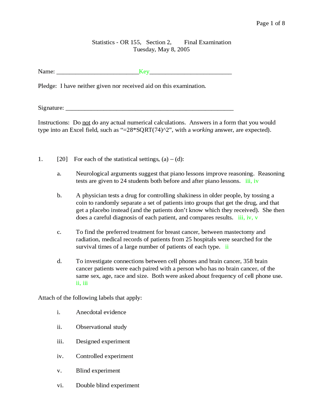 Problems on Introduction to Statistics - Final Exam | STOR 155 | Exams ...