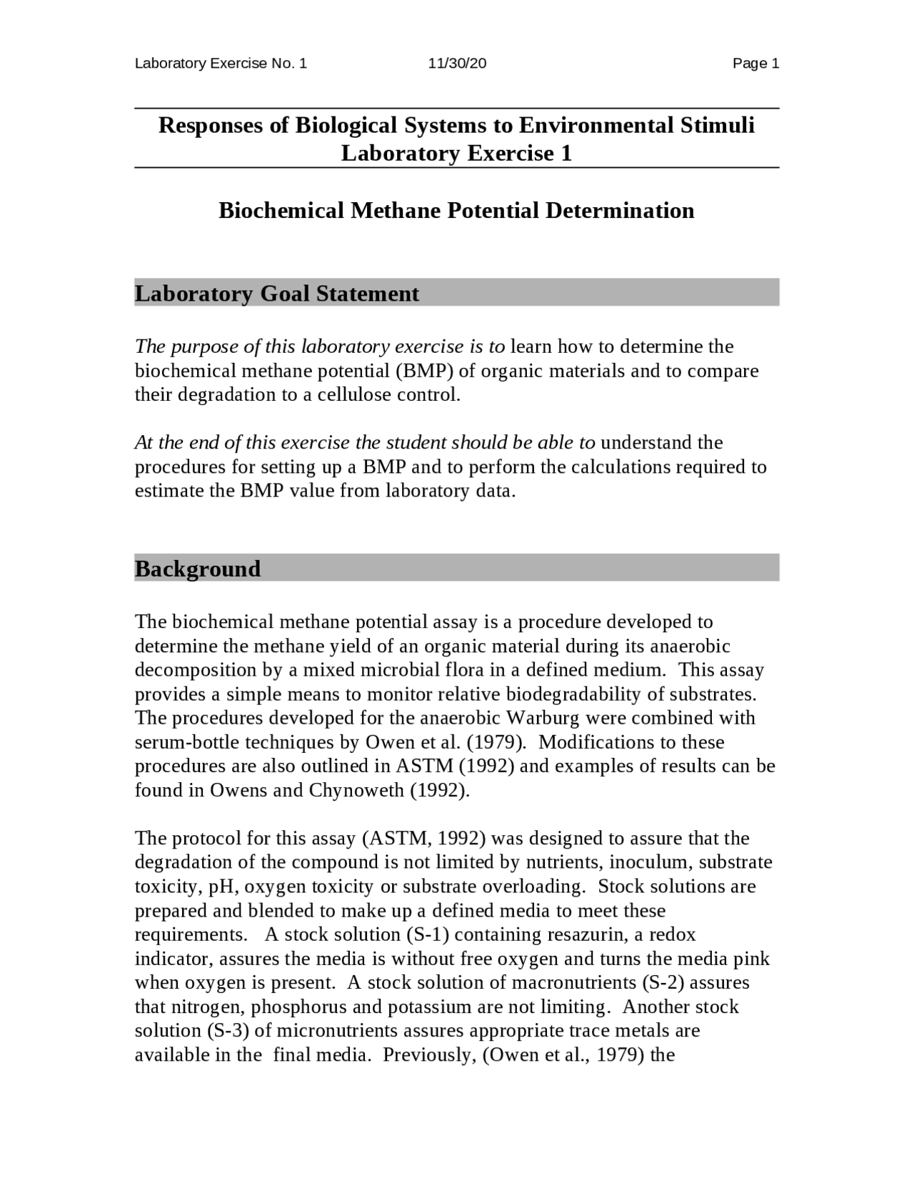 Laboratory Exercise 1 - Introduction Biological Engineering | ABE 2012 - Docsity