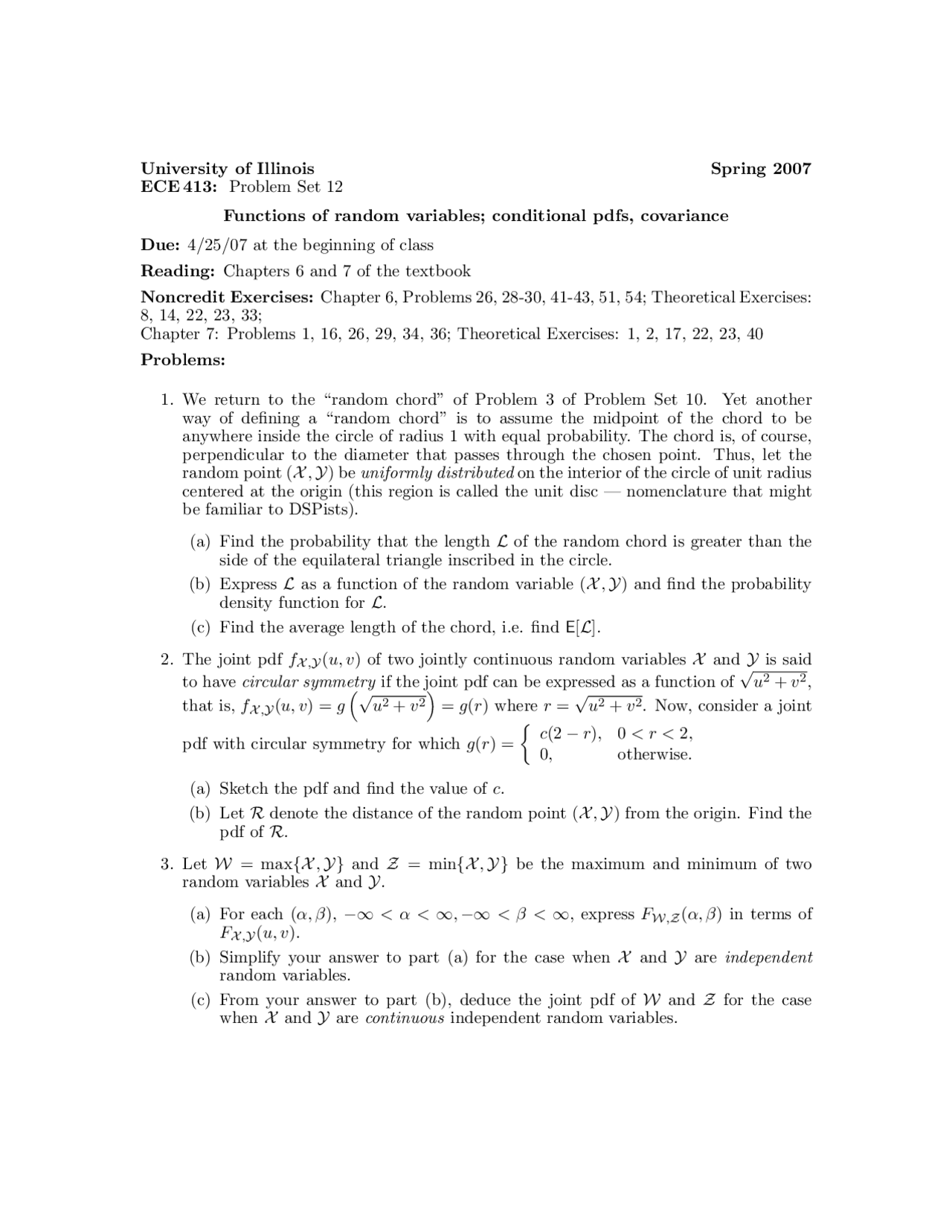 Functions Of Random Variables Conditional Pdfs Covariance Ece 313
