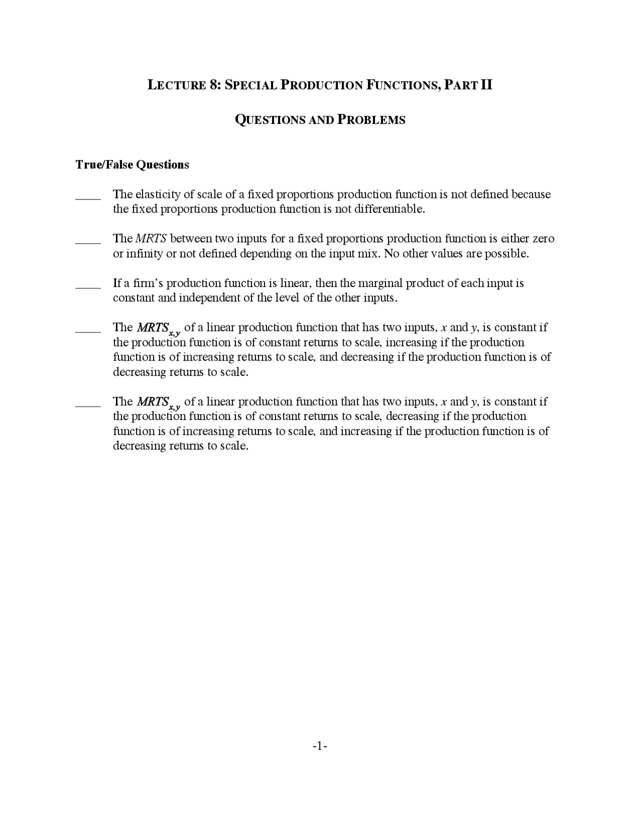 Special Production Functions – Questions and Problems | ECON 302 - Docsity