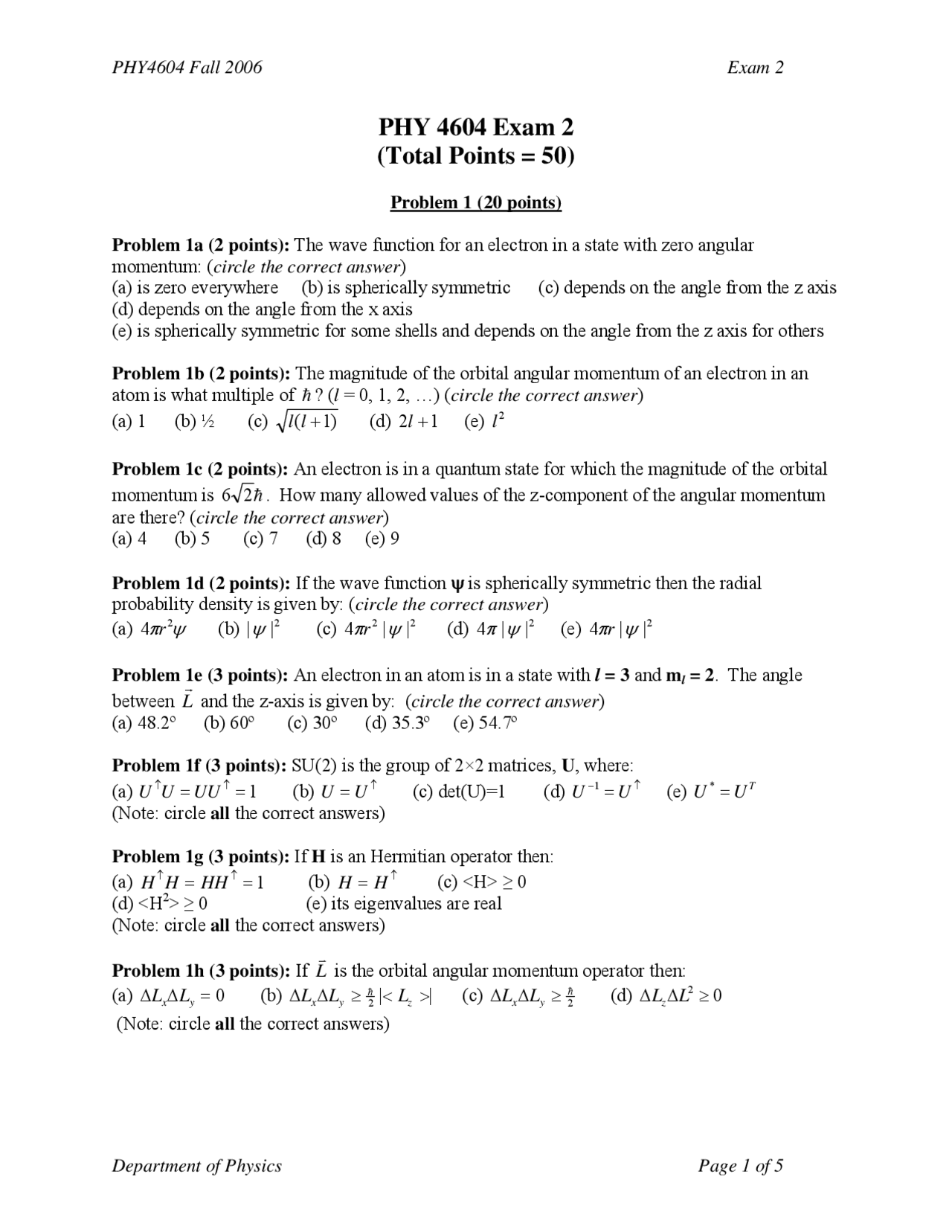 Take Home Exam 2 - Introduction to Quantum Mechanics I | PHY 4604 - Docsity