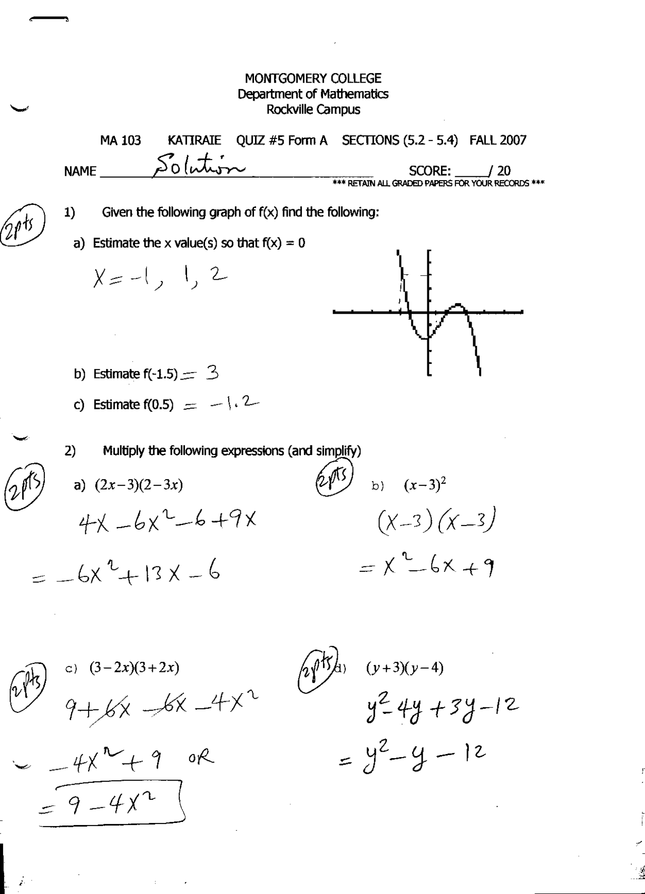 Quiz 5a With Solution Intermediate Algebra Ma 103 Docsity