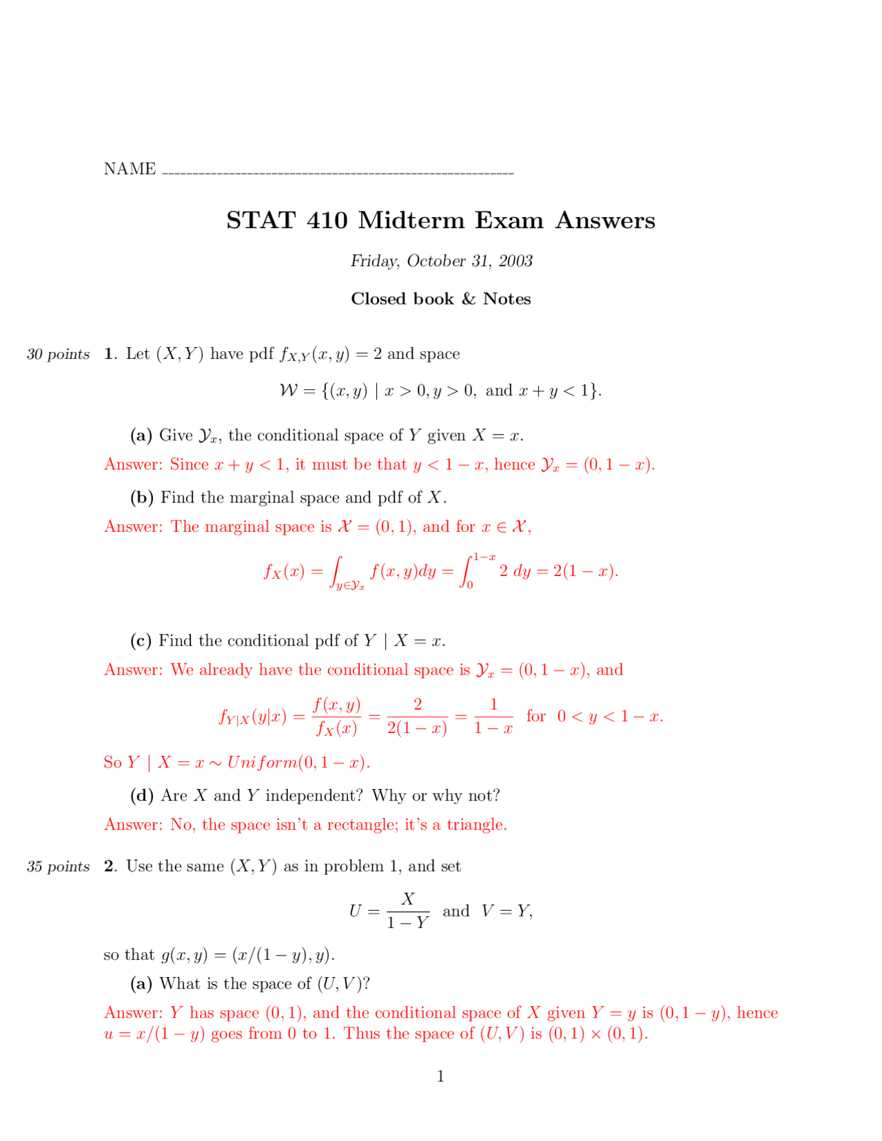 Midterm Exam Answers | Statistics and Probability II | STAT 410 | Exams ...