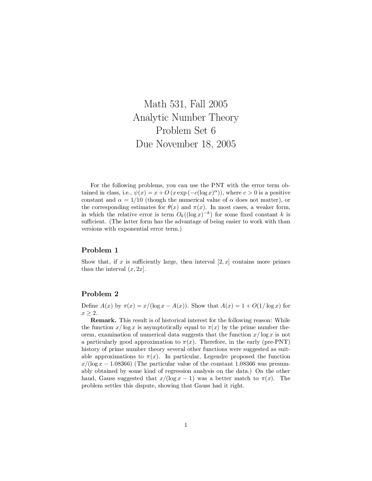 Problem Set 6 With Solutions For Analytic Theory Of Numbers I Math